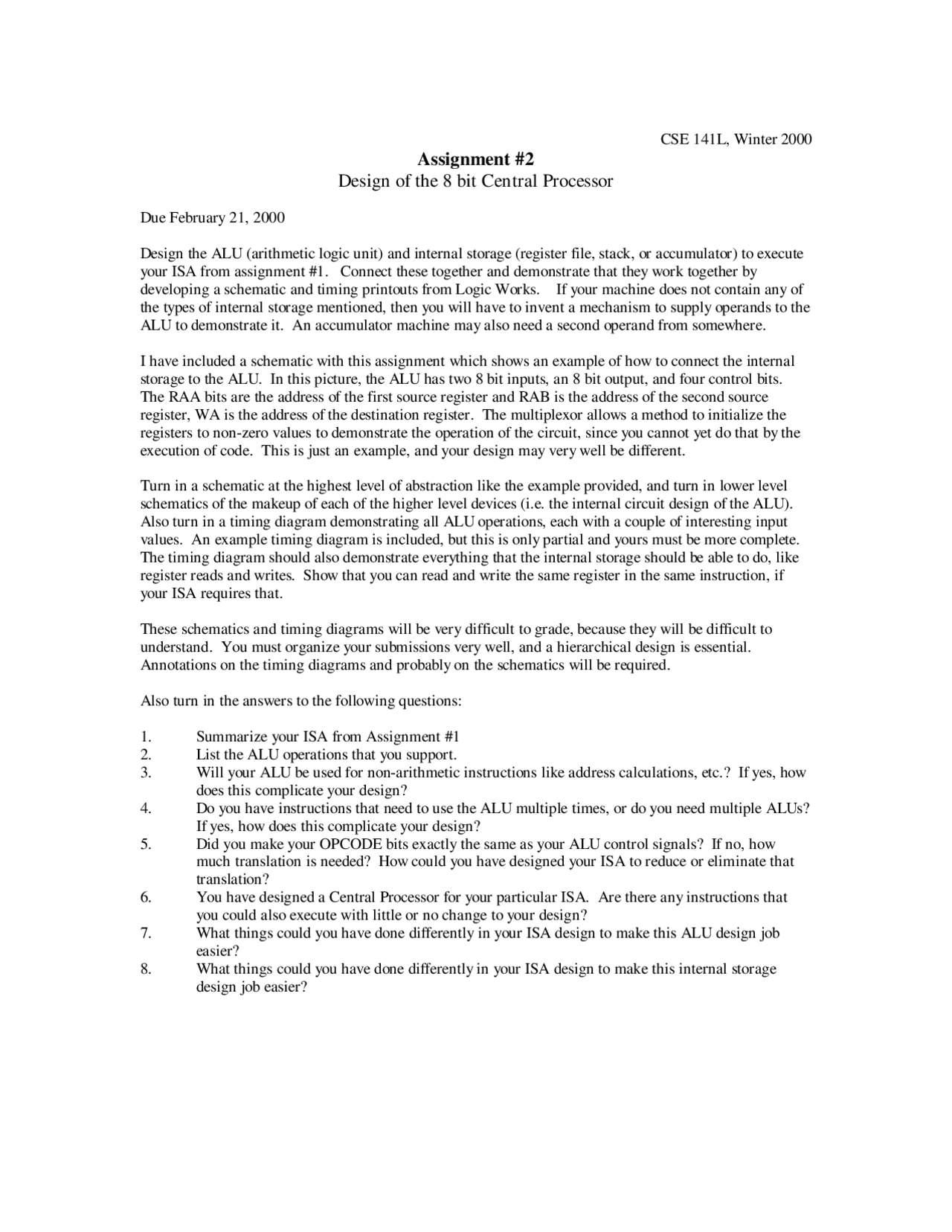 Design Of The 8 Bit Central Processor Assignment Socc 141 Docsity