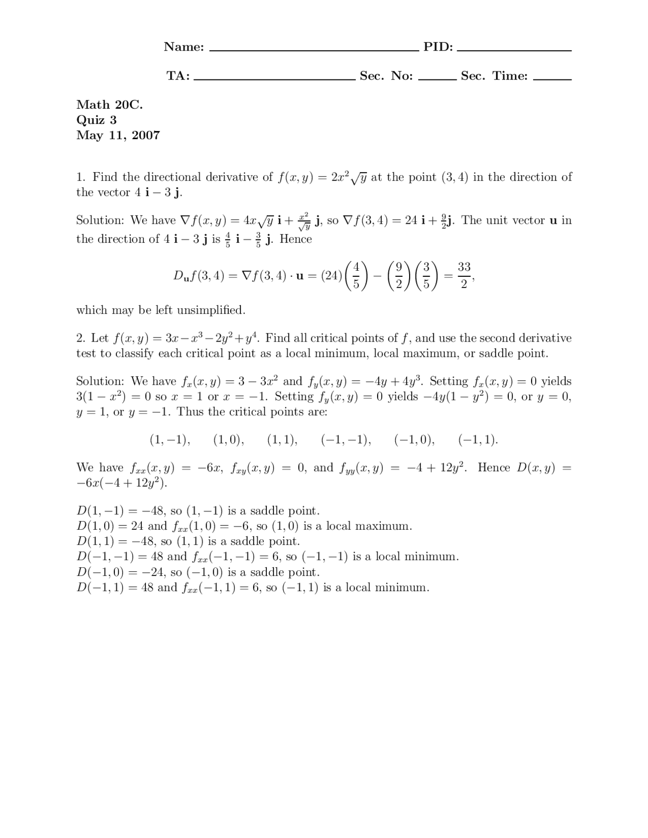 Quiz 3 With Answers Calculus Analytic Geometry Math 20c Docsity