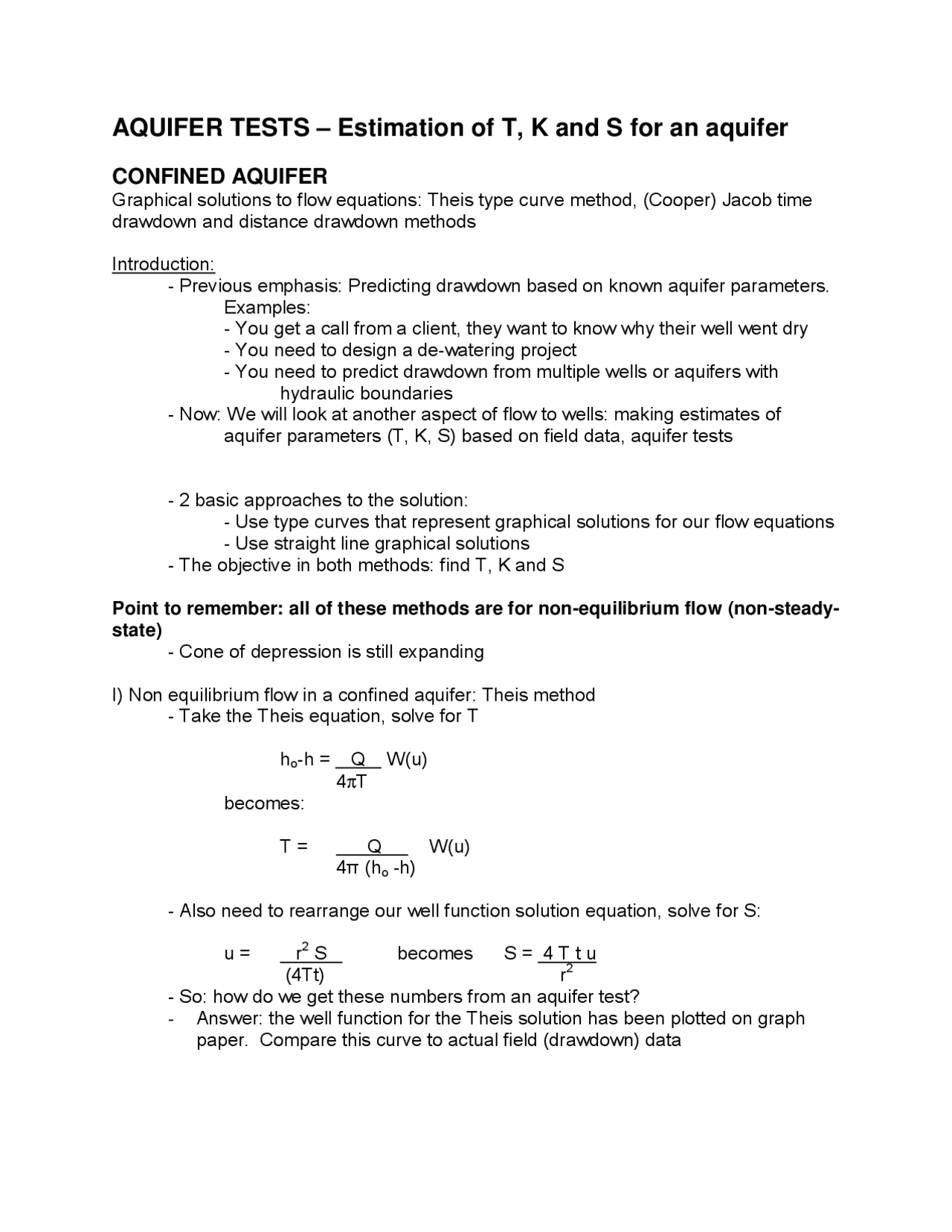 Estimation of T, K and S for an Aquifer - Aquifer Test | GEOL 551 - Docsity