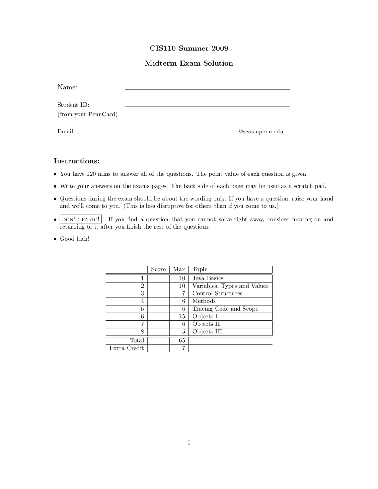 Midterm Exam With Solutions Introduction To Computer Programming
