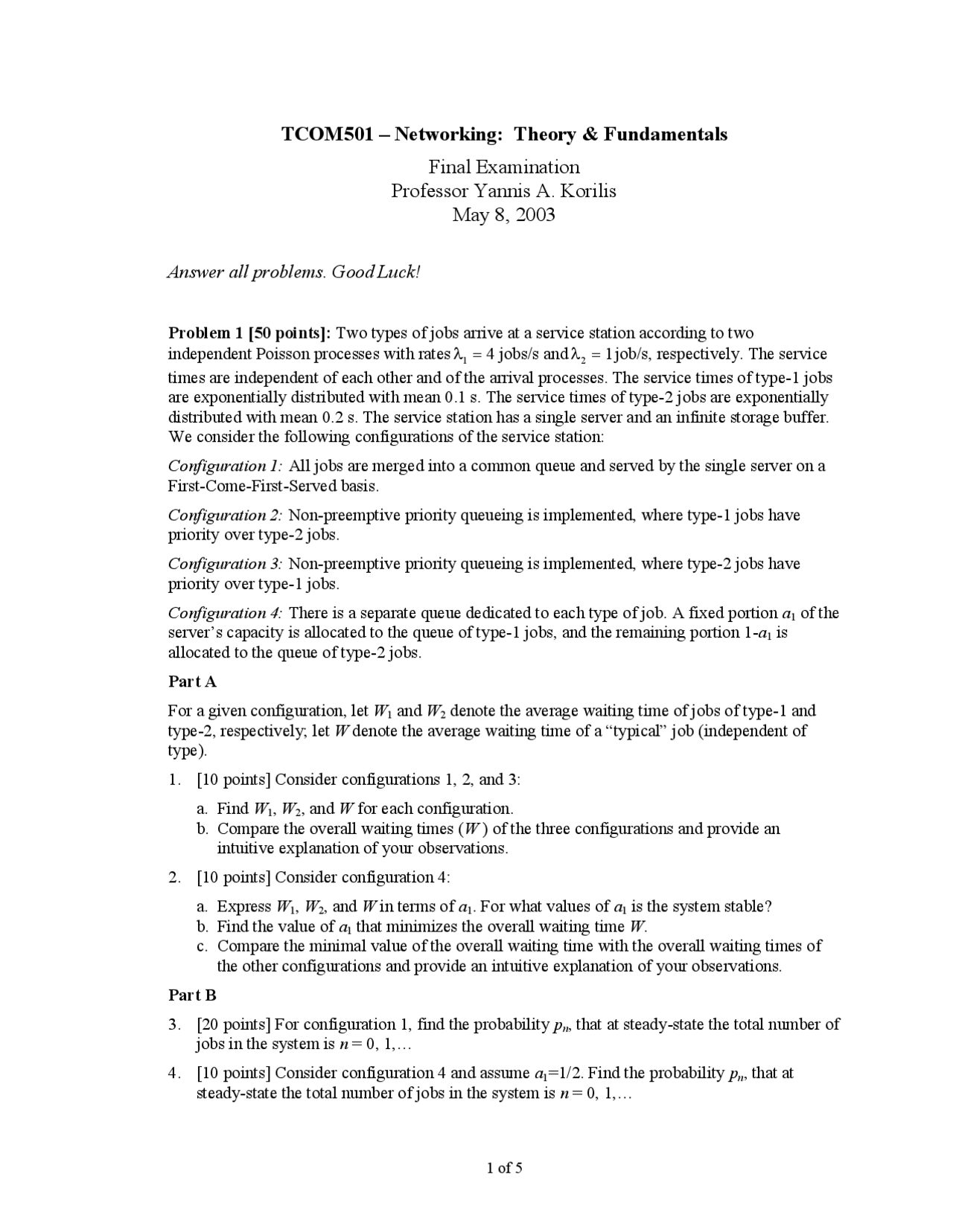 Final Examination Sample Questions - Network Theory | TCOM 501 - Docsity