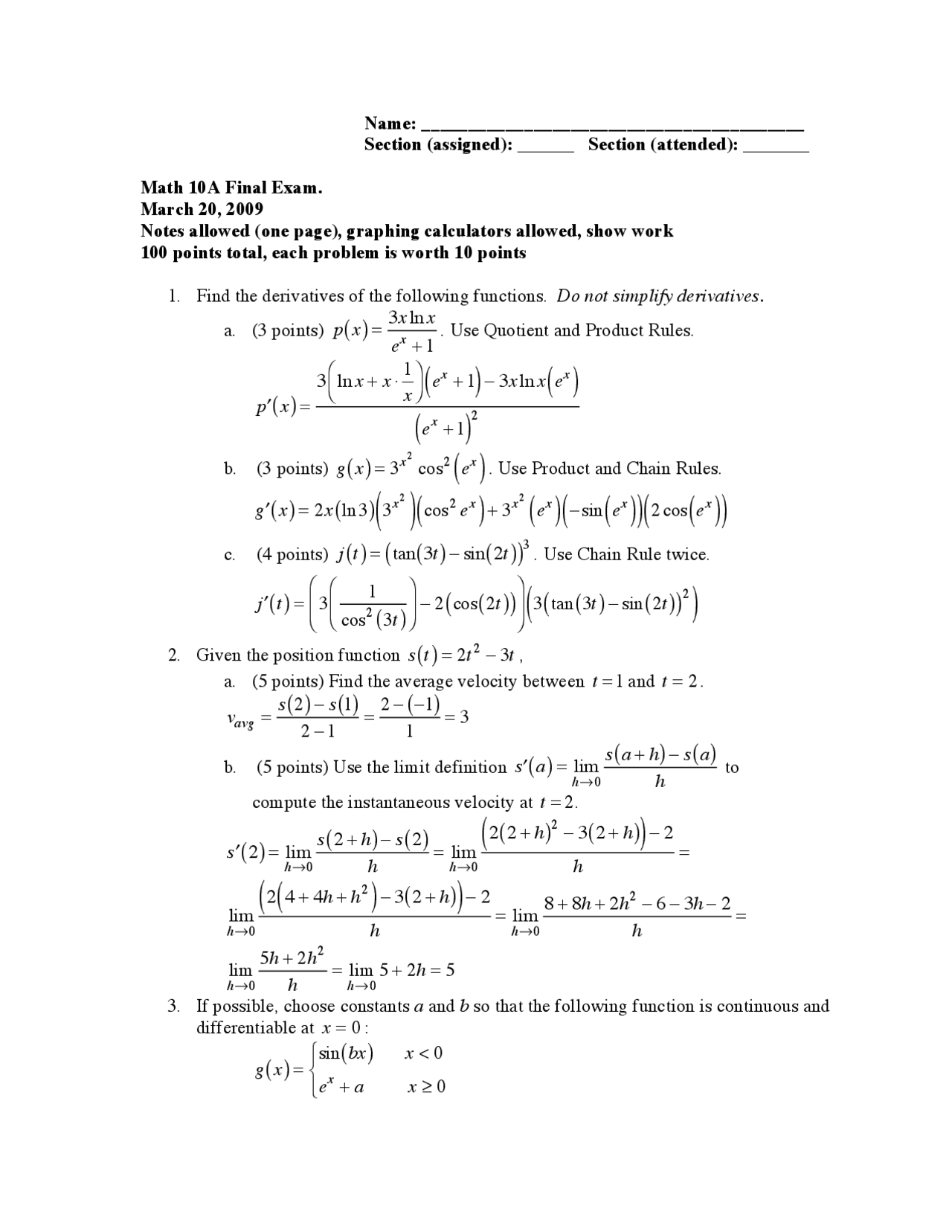 Final Exam With Answer Key Calculus Math 10a Docsity