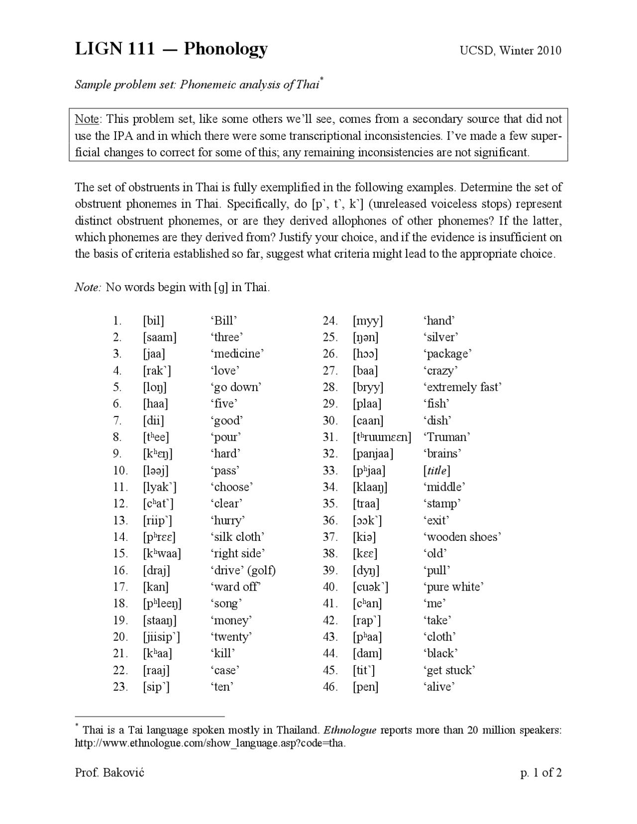 Sample Problem Set Phonemic Analysis Of Time Lecture Notes Lign