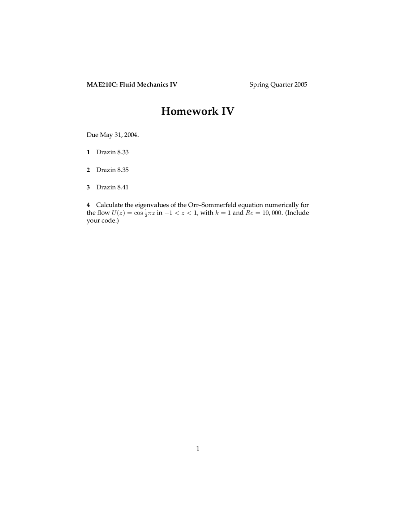 Assignment 4 Questions - Fluid Mechanics III | MAE 210C - Docsity