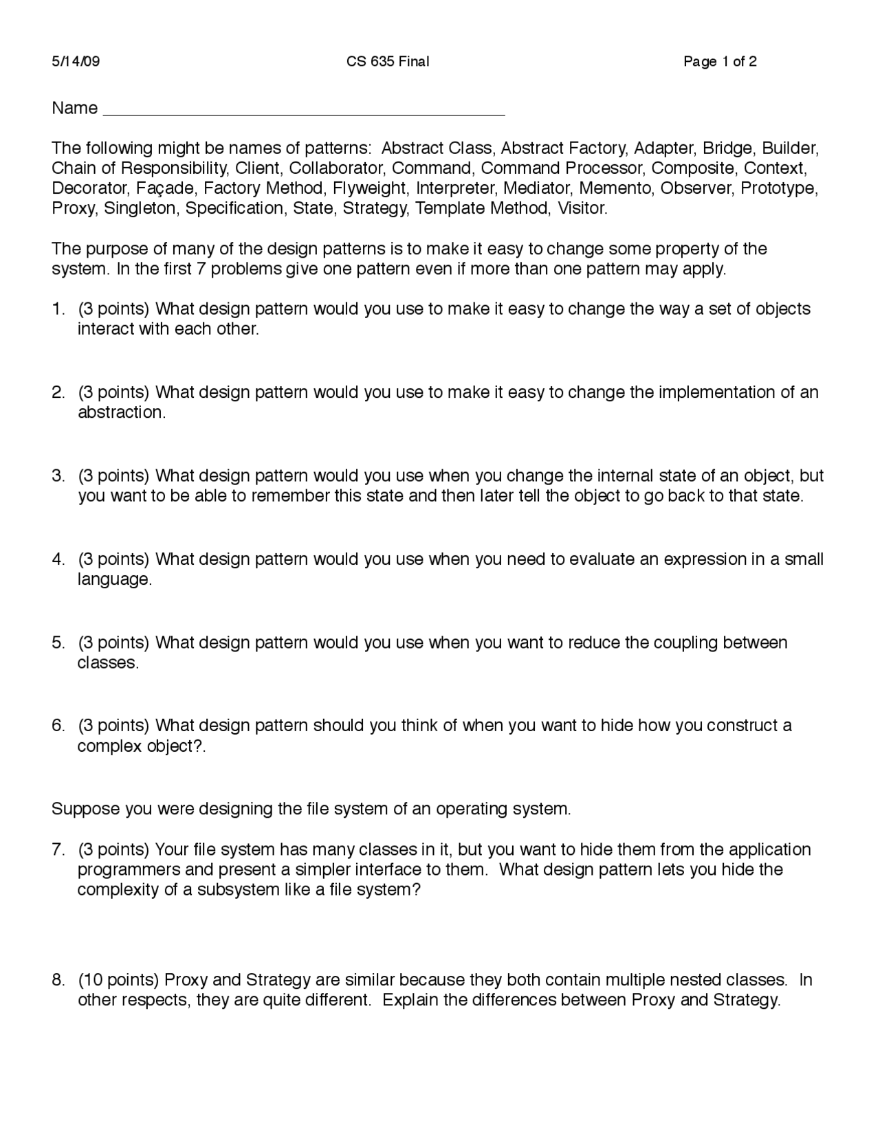 14 Practice Problems Object Oriented Design Programming Cs 635 Docsity