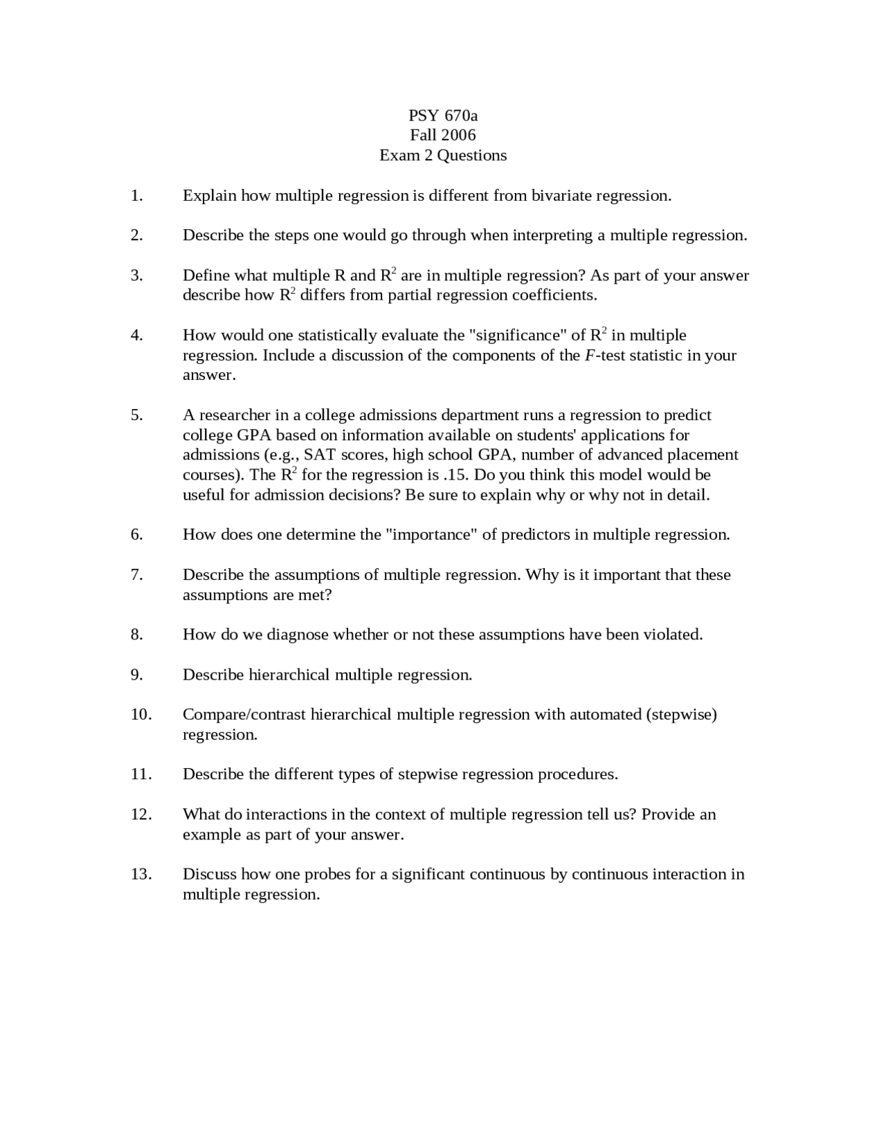 Exam 2 Questions For Advanced Statistics In Psychology Psy 670a Docsity