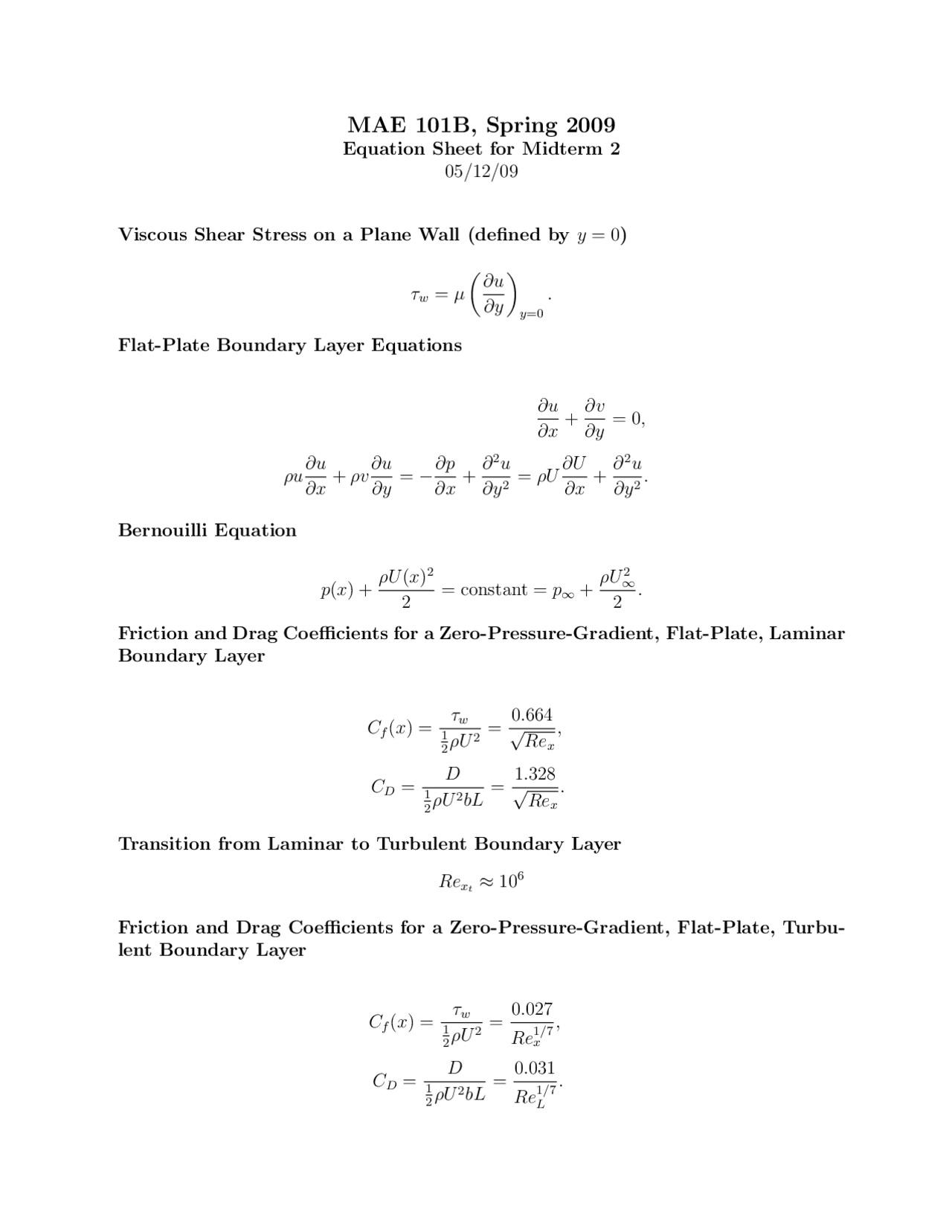 Equation Sheet for Midterm Exam 2 - Advanced Fluid Mechanics | MAE 101B ...