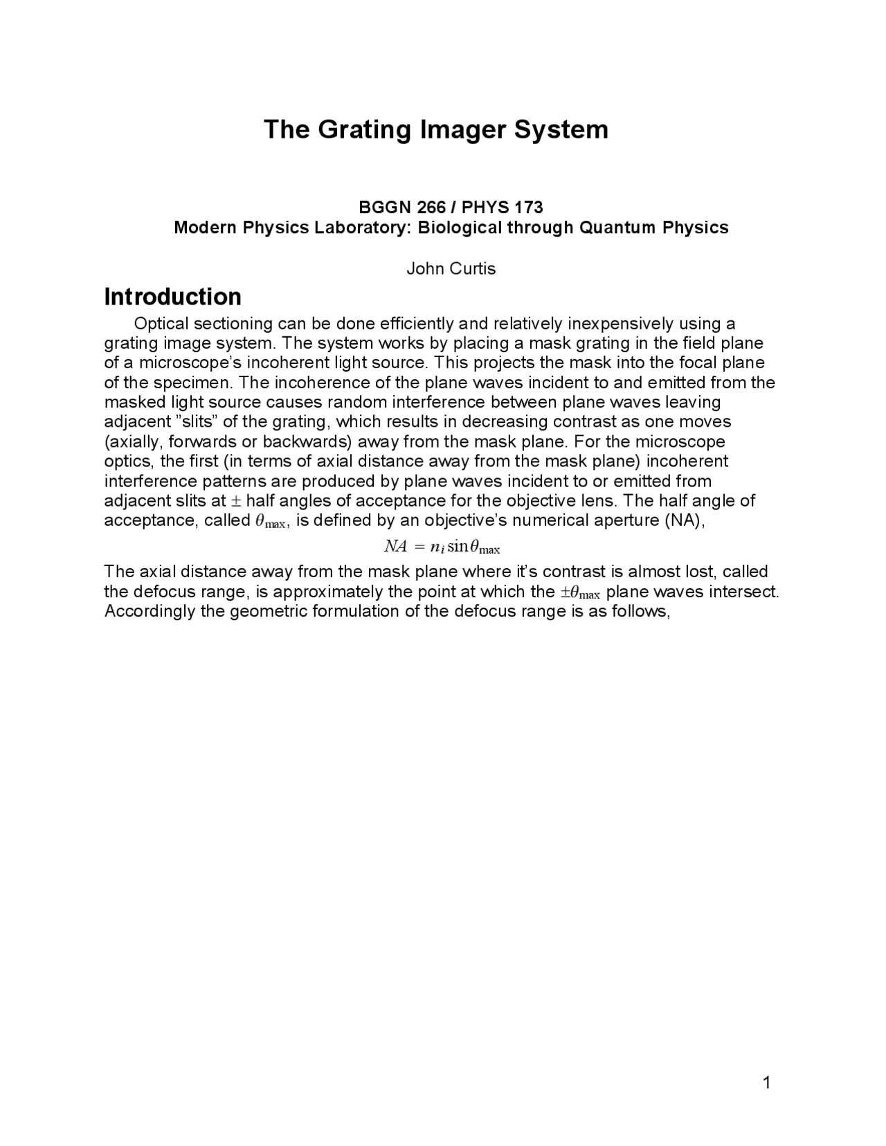 The Grating Imager System Lab Phys 173 Docsity