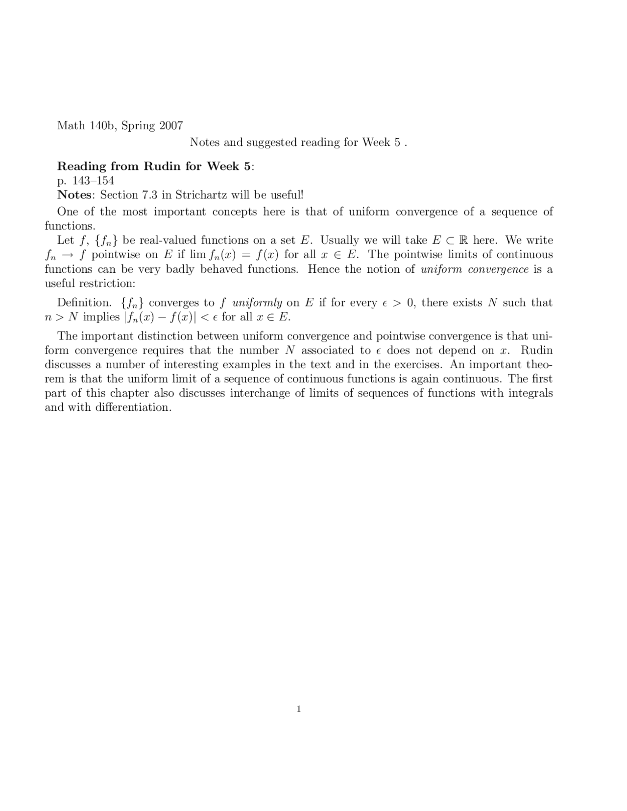 Convergence Of A Sequence Of Functions Notes Math 140b Docsity