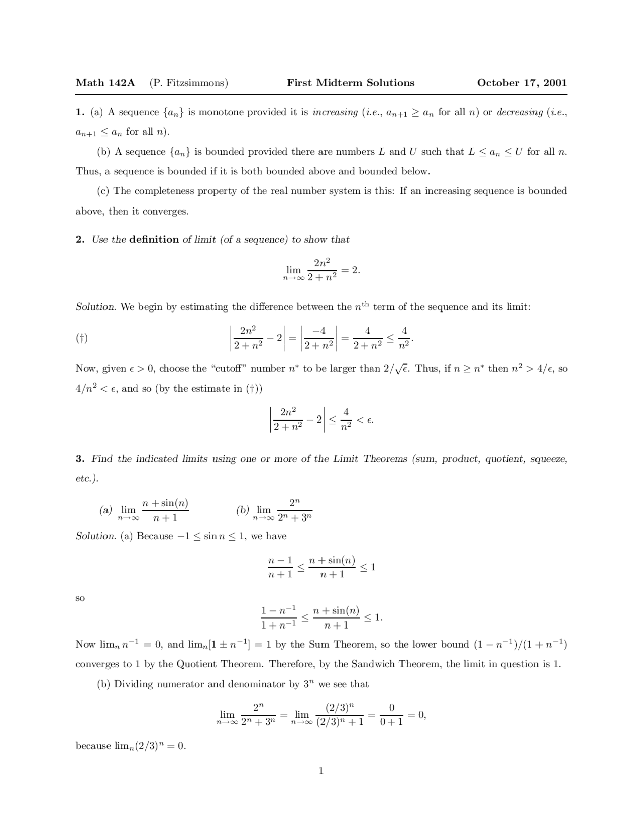 Solved 5 Questions Of Advanced Calculus Test 1 Math 142a Docsity