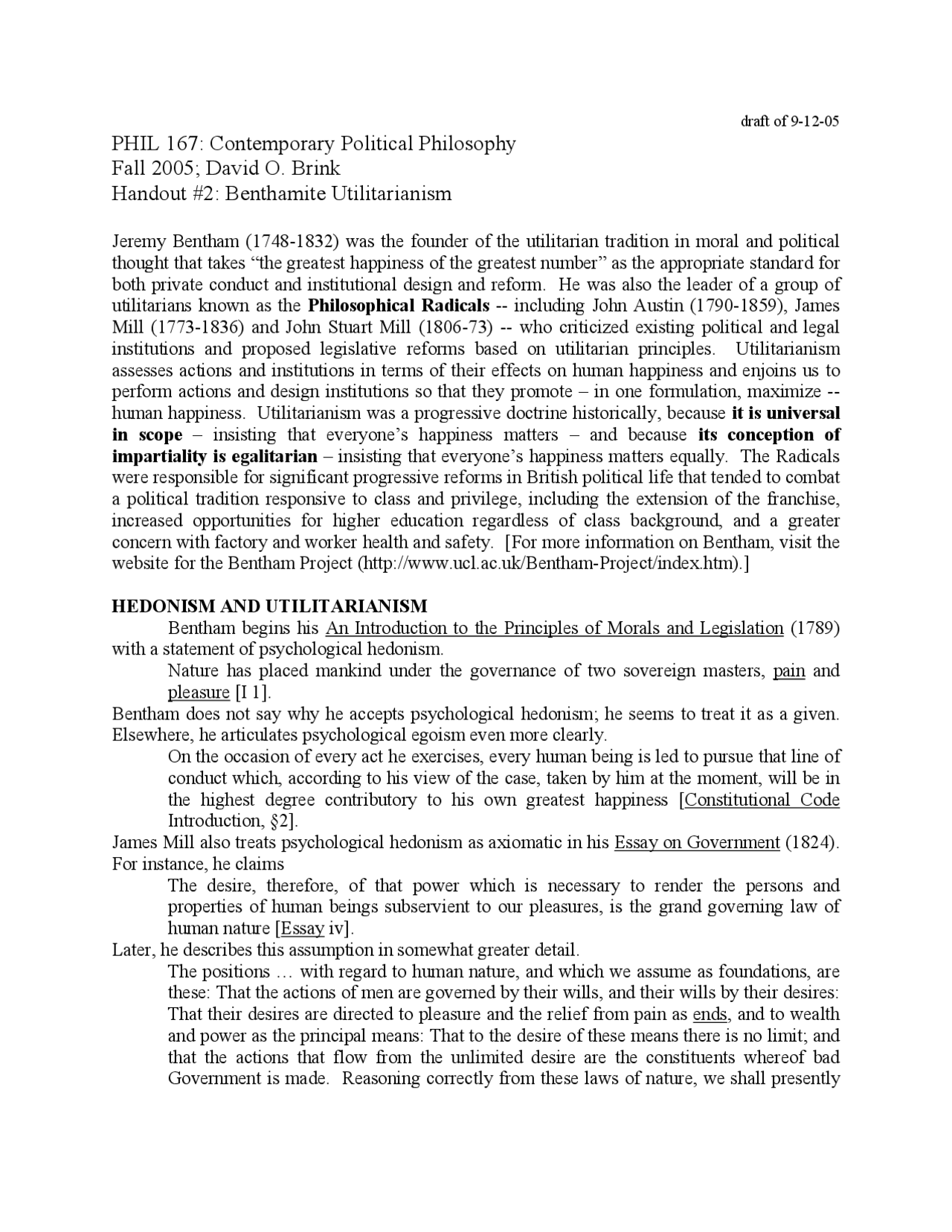 Benthamite Utilitarianism - Political Philosophy - Handout 2 | SOCC 167 ...