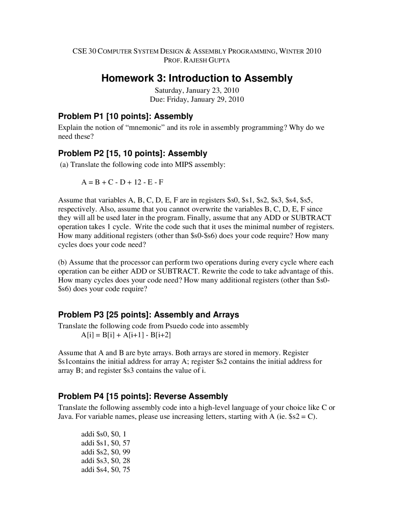 Introduction To Assembly Homework 3 Poli 30 Docsity