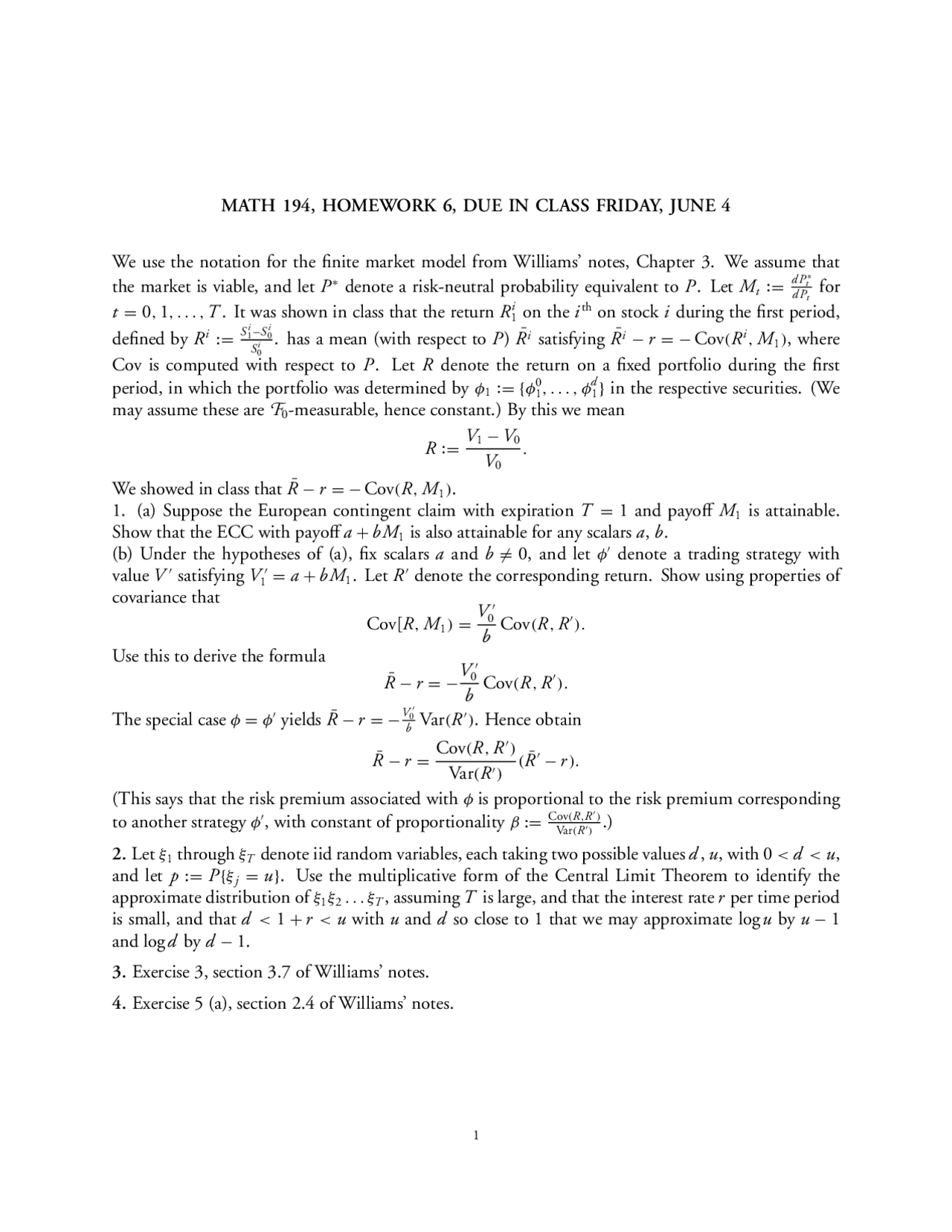 Homework 6 For The Mathematics Of Finance Math 194 Docsity