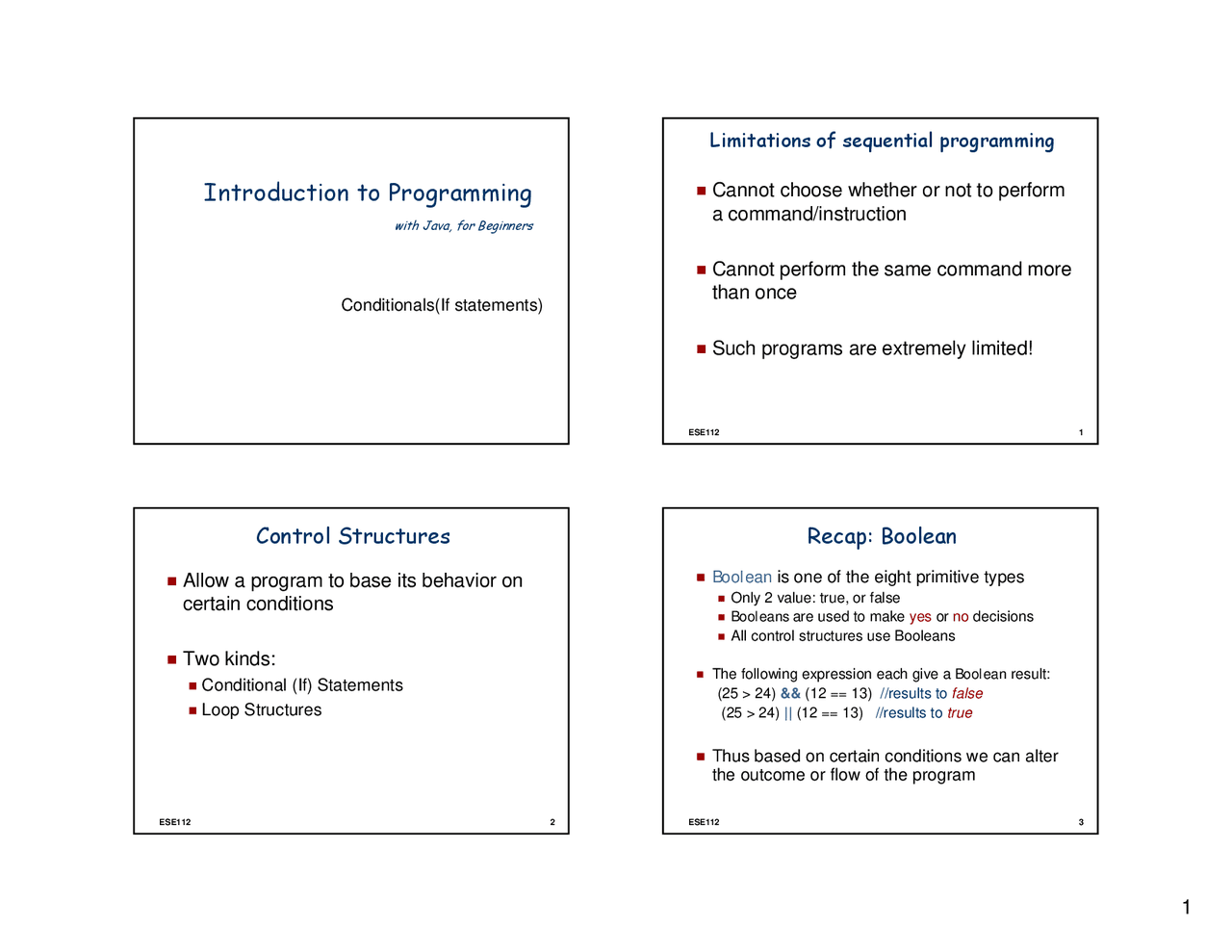 Control Structures Boolean Conditional If Statement Slides Ese