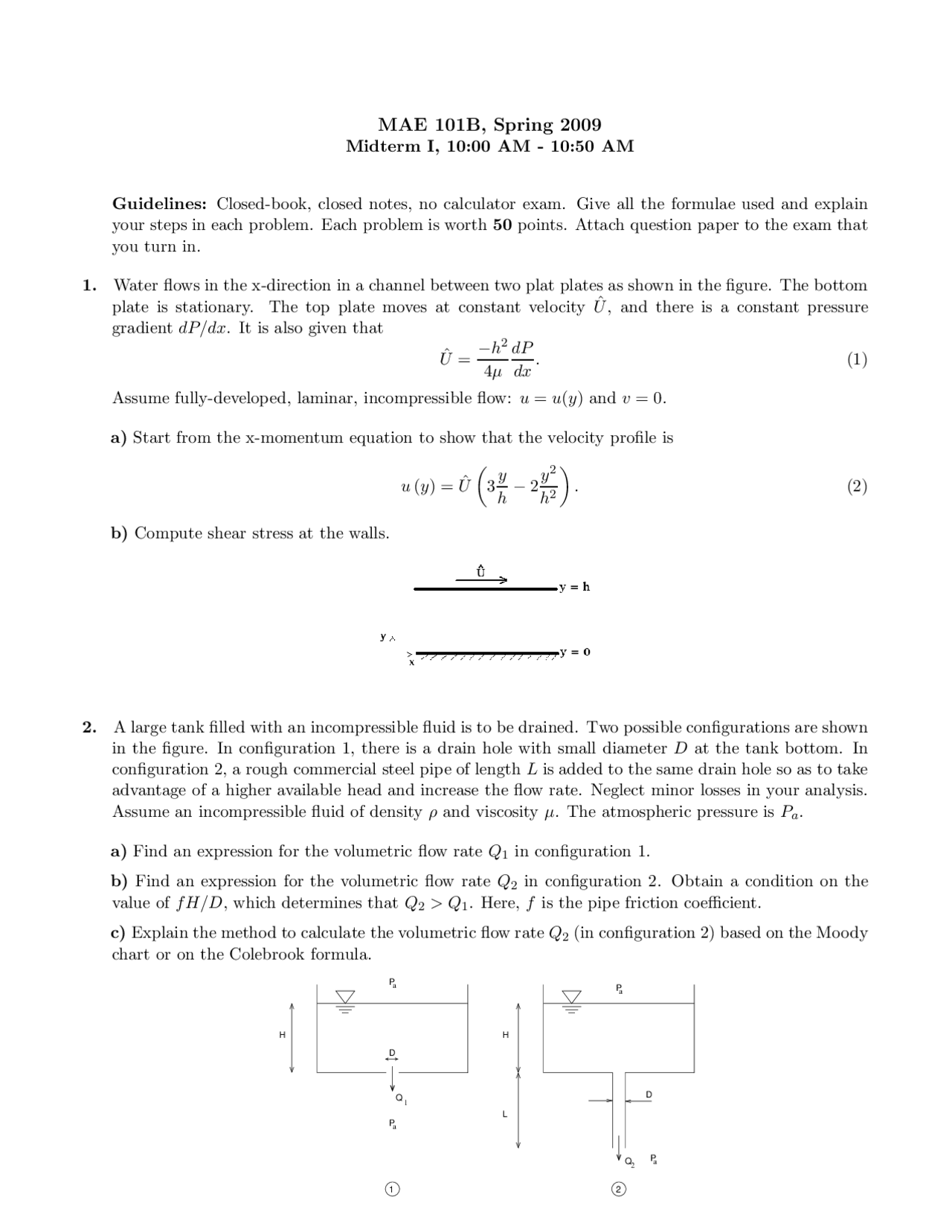 2 Questions with Solutions on Advanced Fluid Mechanics | MAE 101B - Docsity