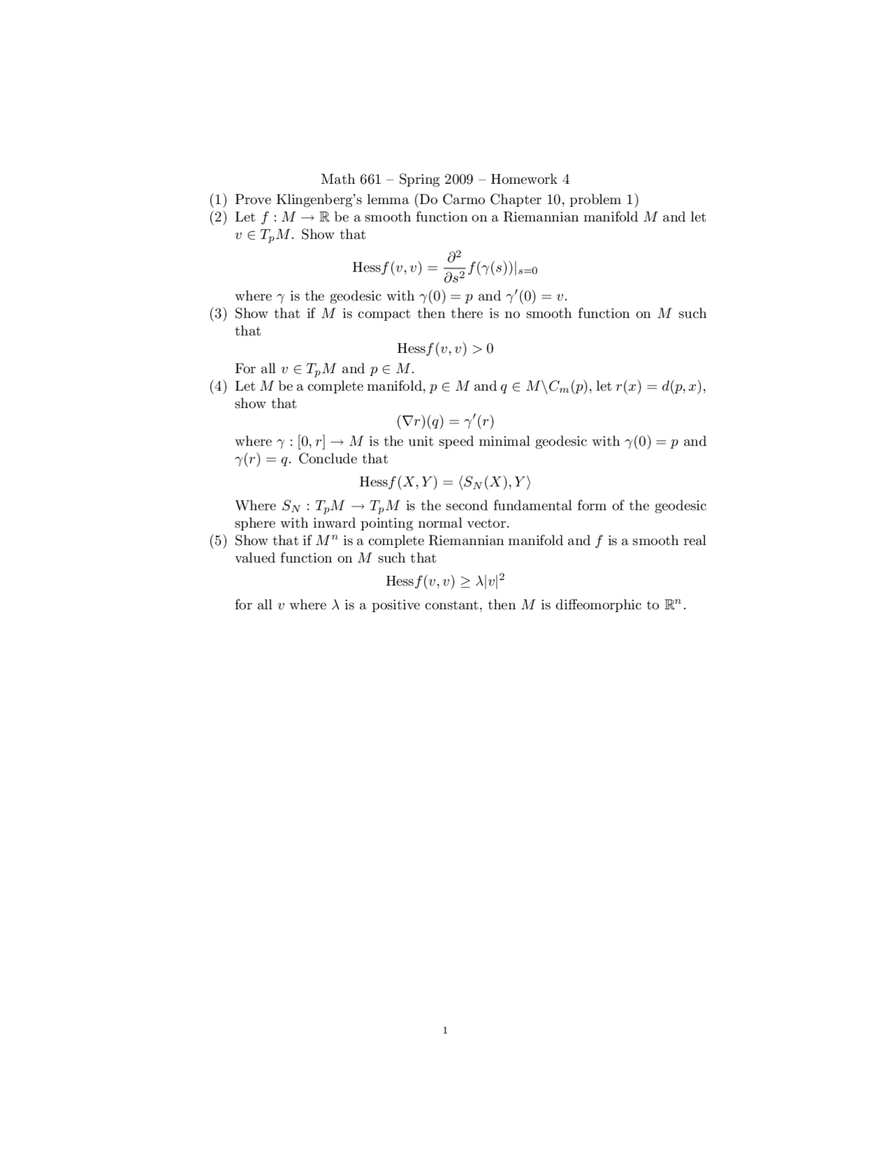5 Questions On Differential Geometry Homework 4 Math 661 Docsity