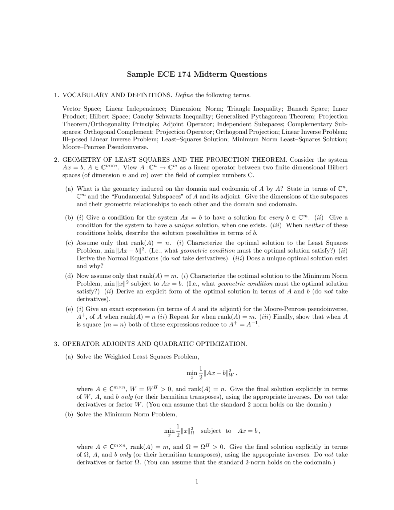 Sample Questions for Midterm Exam - Introduction to Statistical Computing | ECE 174 | Exams ...