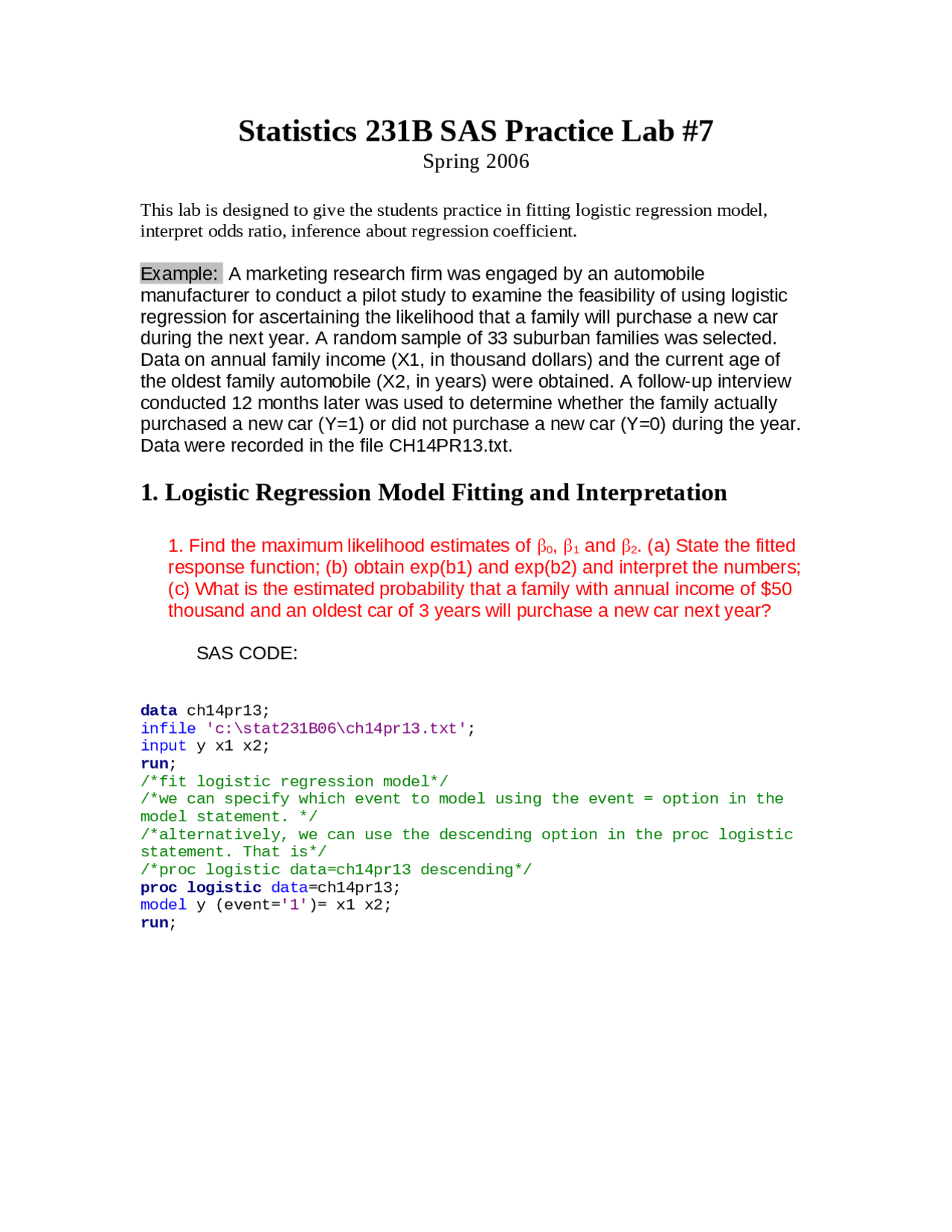 Practice Lab 7 Statistics For Biological Sciences Stat 231b Docsity