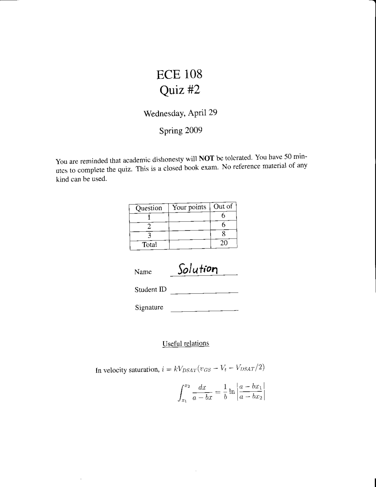 Quiz 2 Resolution Digital Circuits Spring 2009 Ece 108 Docsity