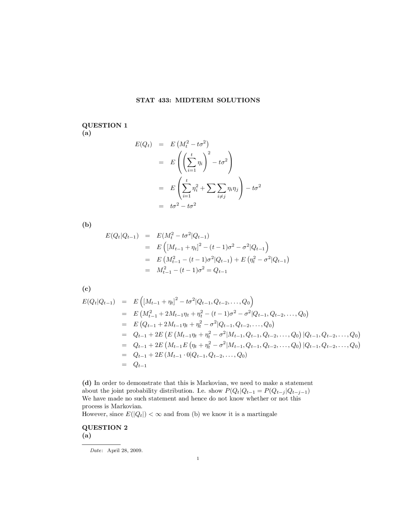 Midterm Exam Questions With Solutions Stochastic Processes Stat 433