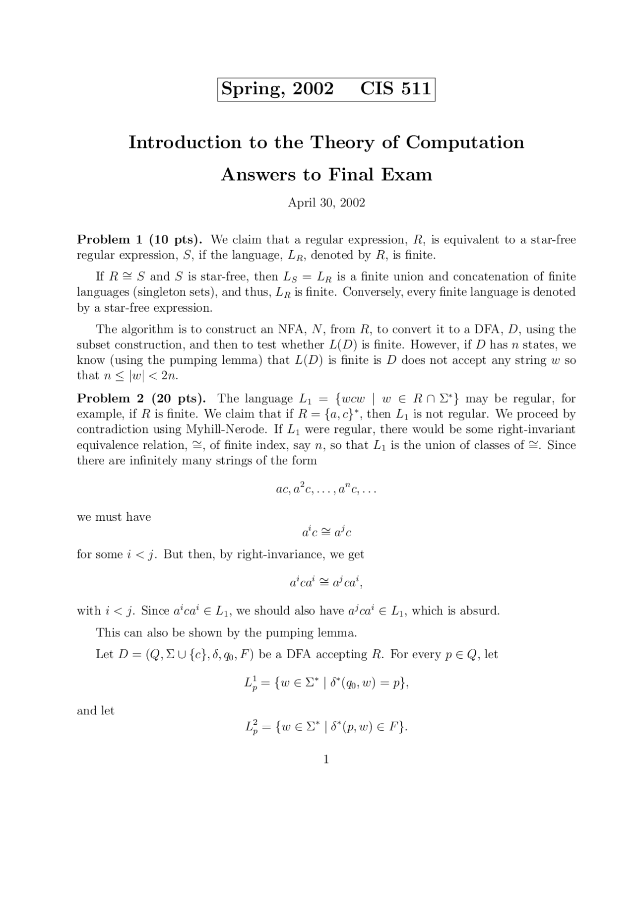 Answers To Final Exam For Theory Of Computation Cis 511 Docsity