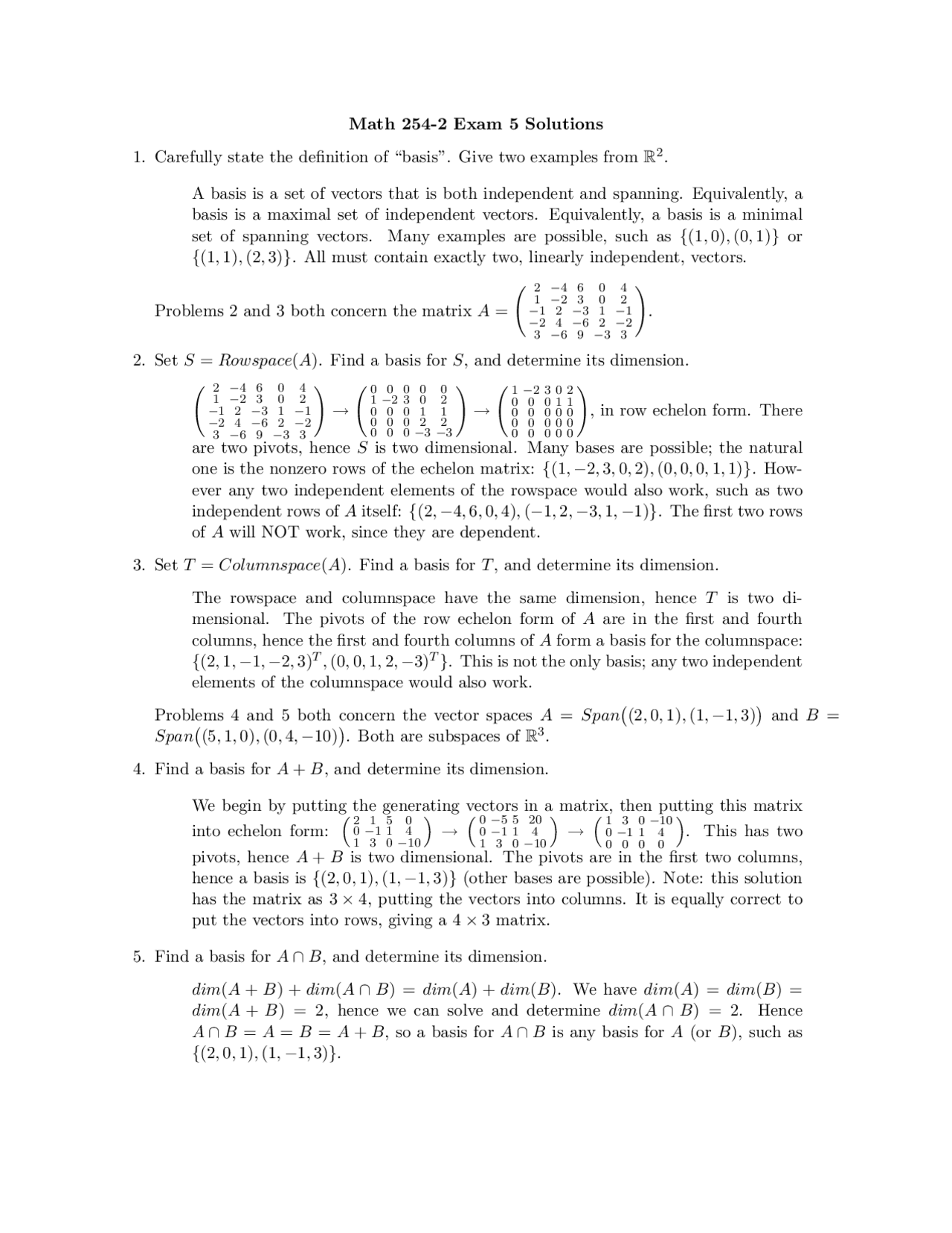 Introduction to Linear Algebra - Old Exam 5 with Resolution | MATH 254 - Docsity
