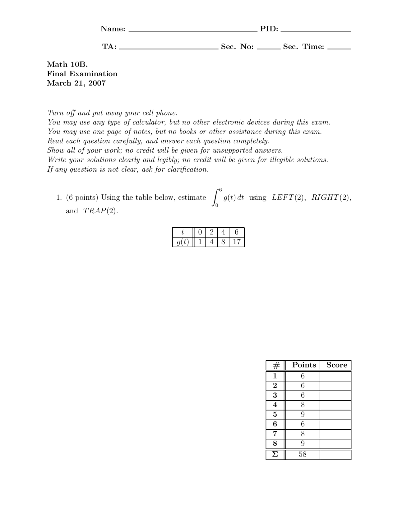 Calculus - Final Examination - Fall 2007 | MATH 10B - Docsity