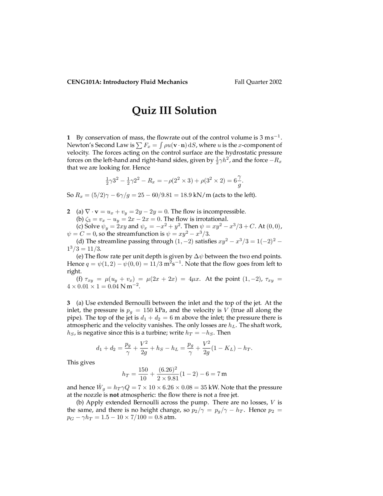 3 Solved Problems On Conservation Of Mass Quiz Iii Ceng 101a Docsity