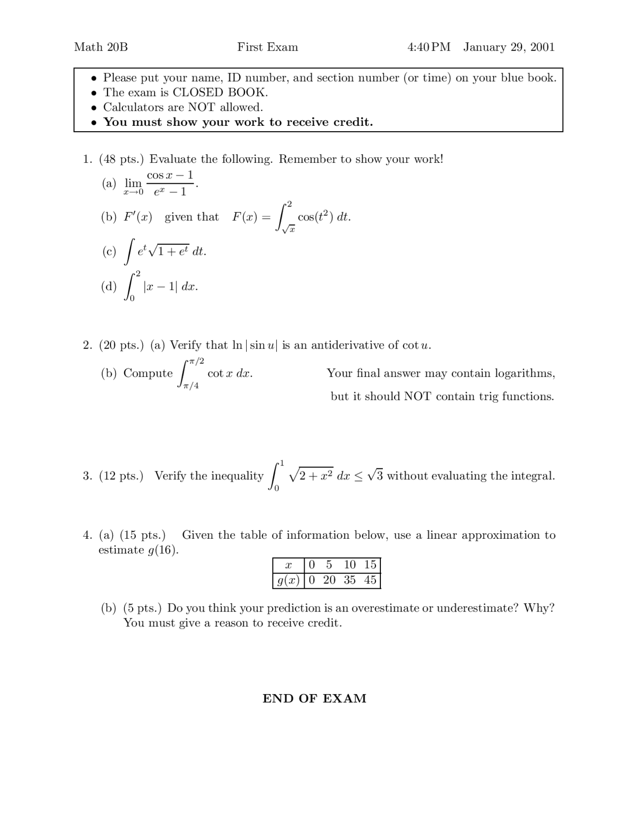 4 Questions In Exam 1 Calculus Science And Engineering Math 20b