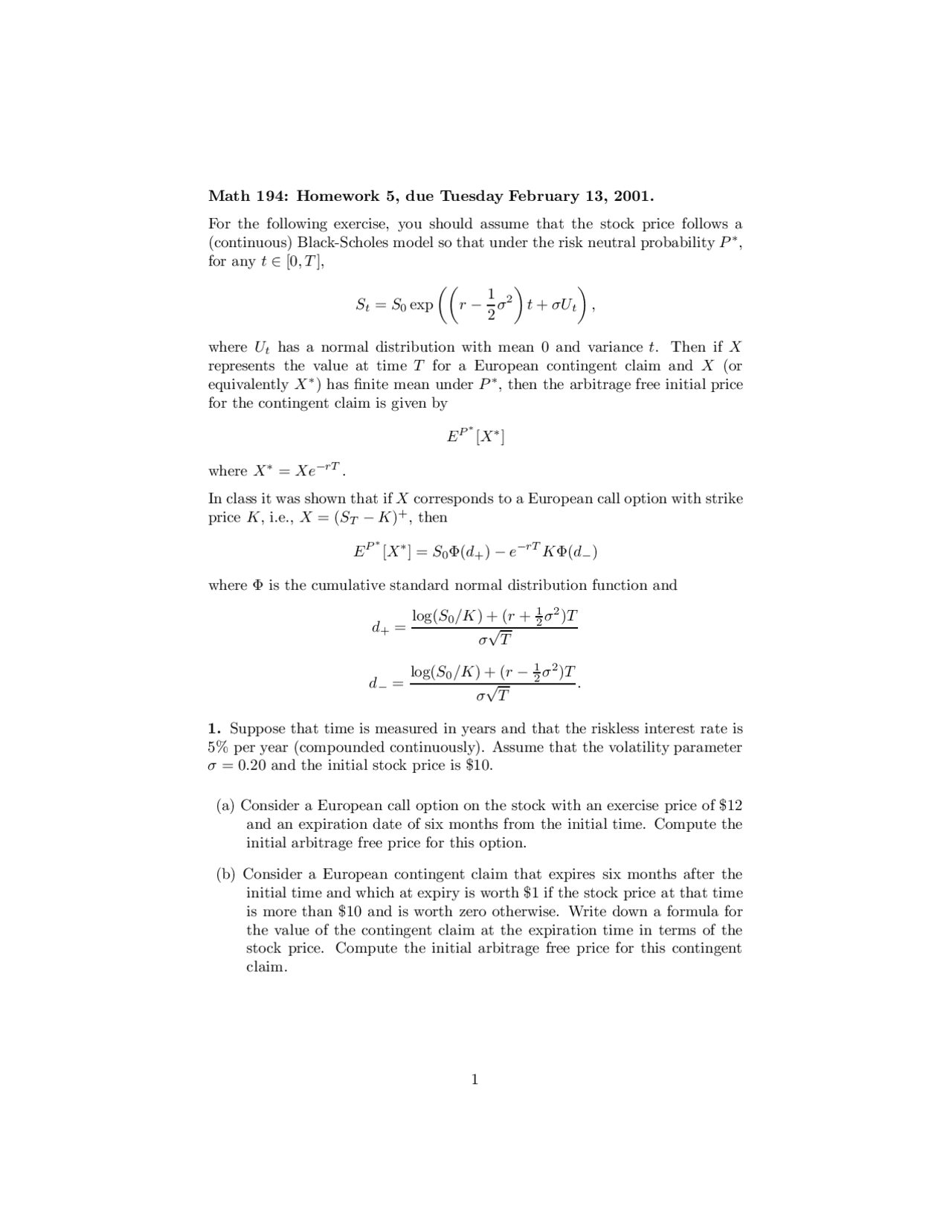 Homework 5 Questions The Mathematics Of Finance Math 194 Docsity