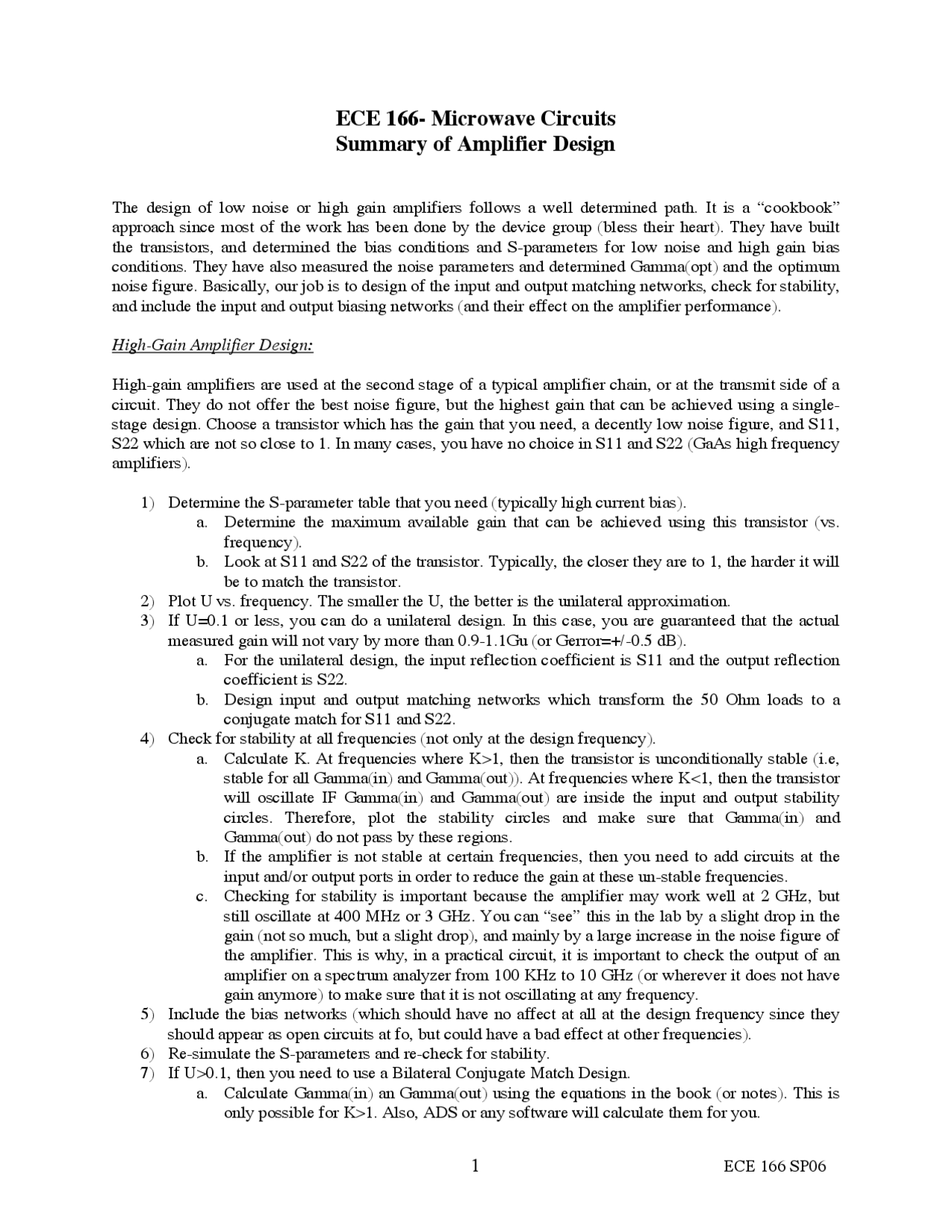 Summary Of Amplifier Design Microwave Circuits Socb 166 Docsity