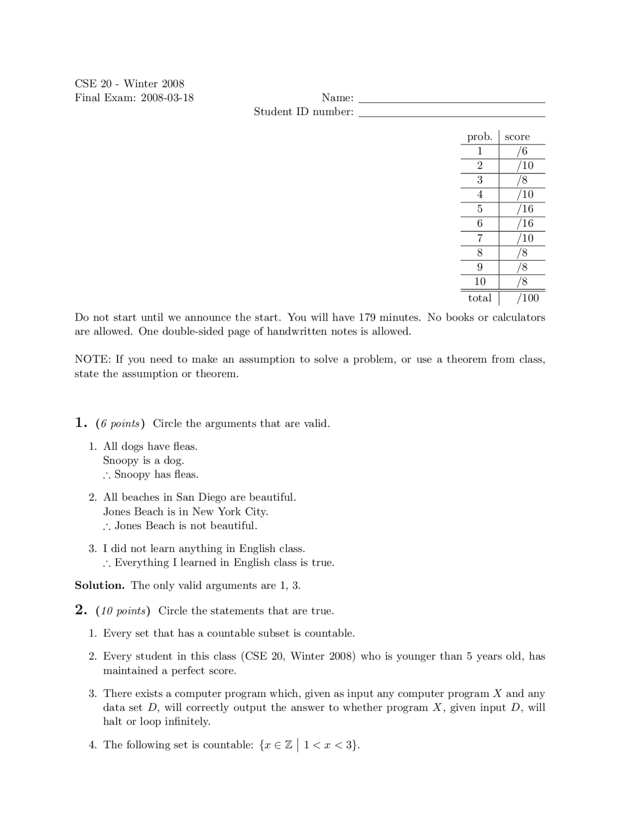 Final Exam With Solution On Discrete Mathematics Cse 20 Docsity