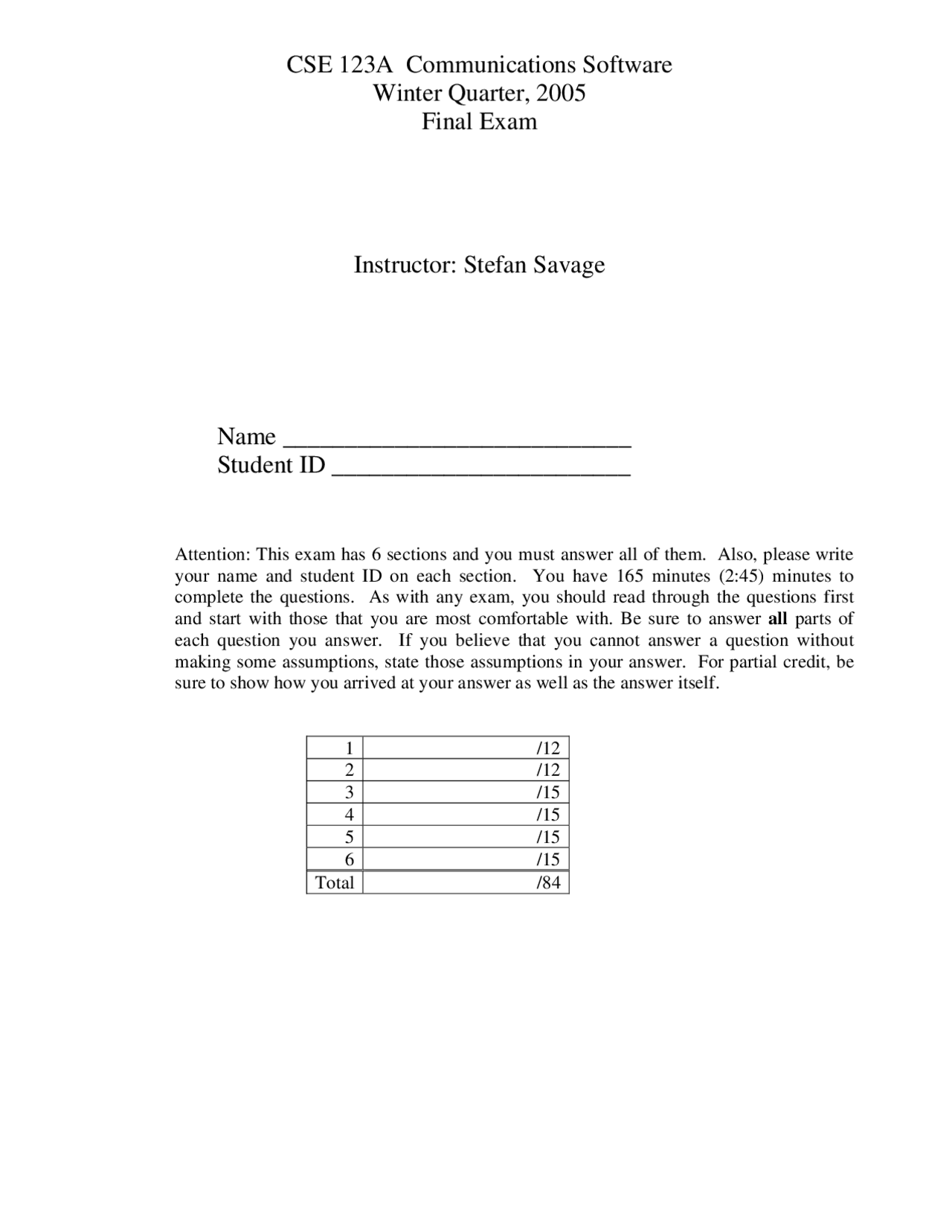 Computer Networks Final Exam With Solutions Fall 2005 Cse 123