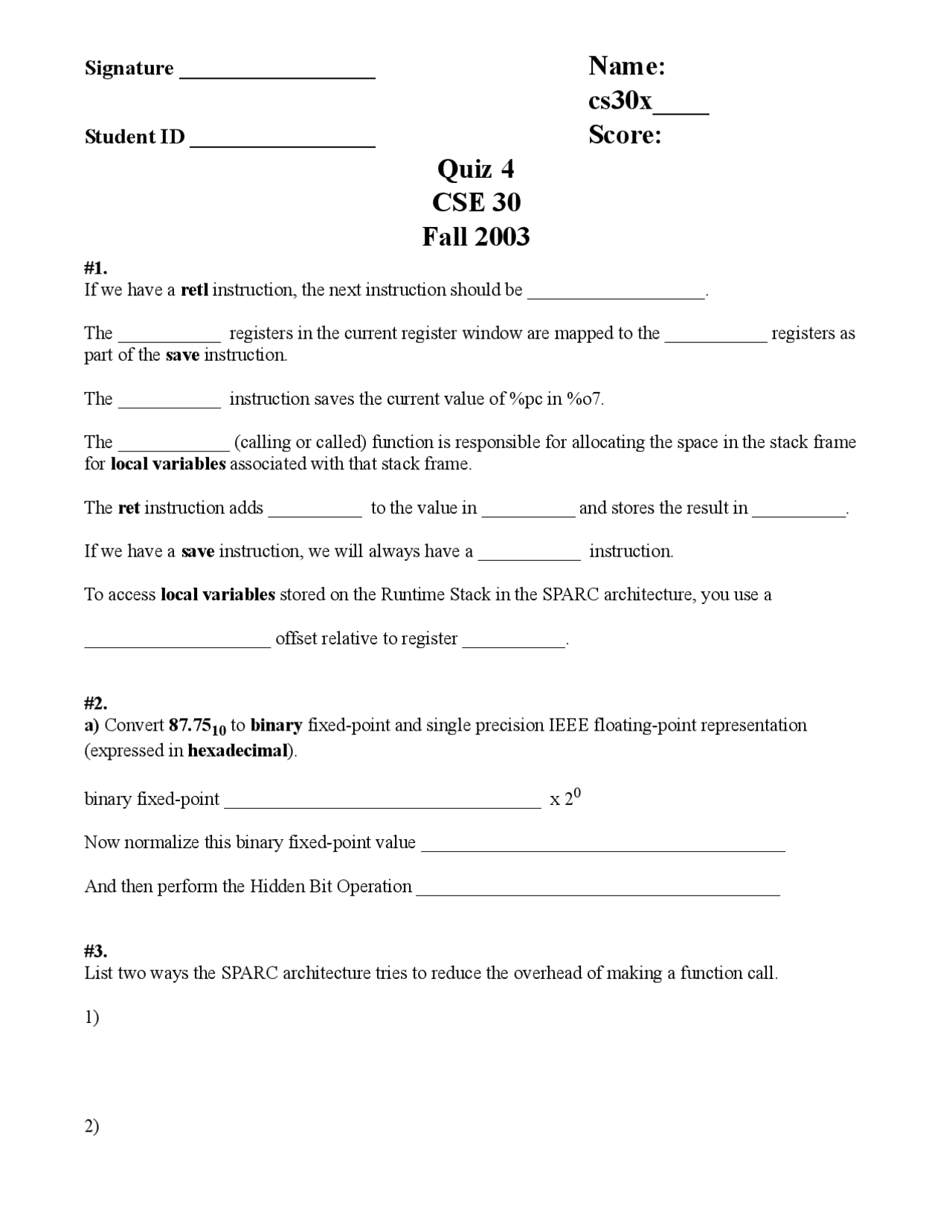 Quiz 4 Fall 2003 Computer Organization Systems Program Cse 30 Docsity