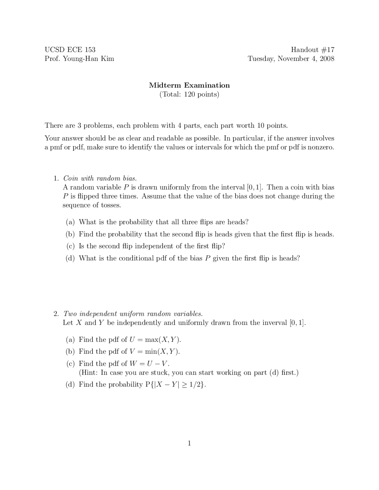 Probability and Random Process Engineering - Midterm Examination | ECE 153 - Docsity