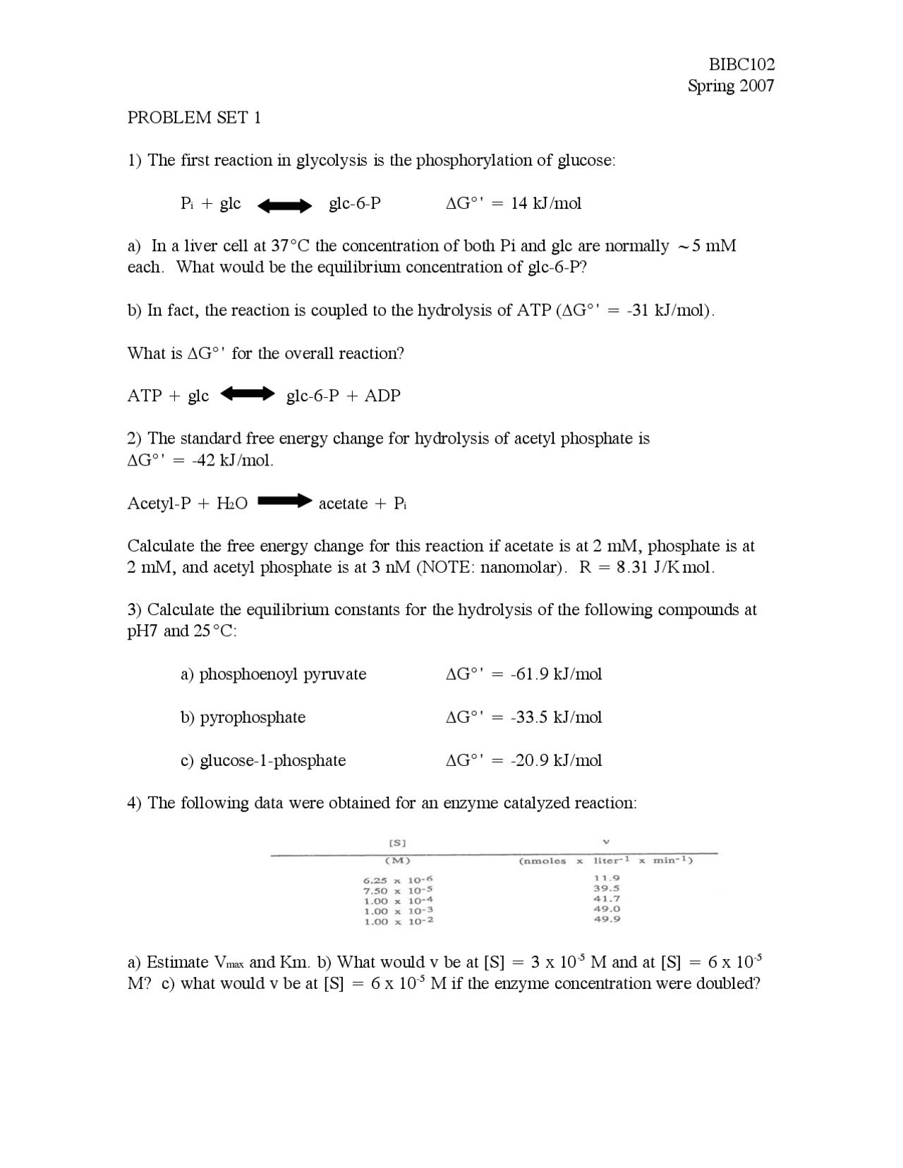 Problem Set 1 For Metabolic Biochemistry Bibc 102 Docsity