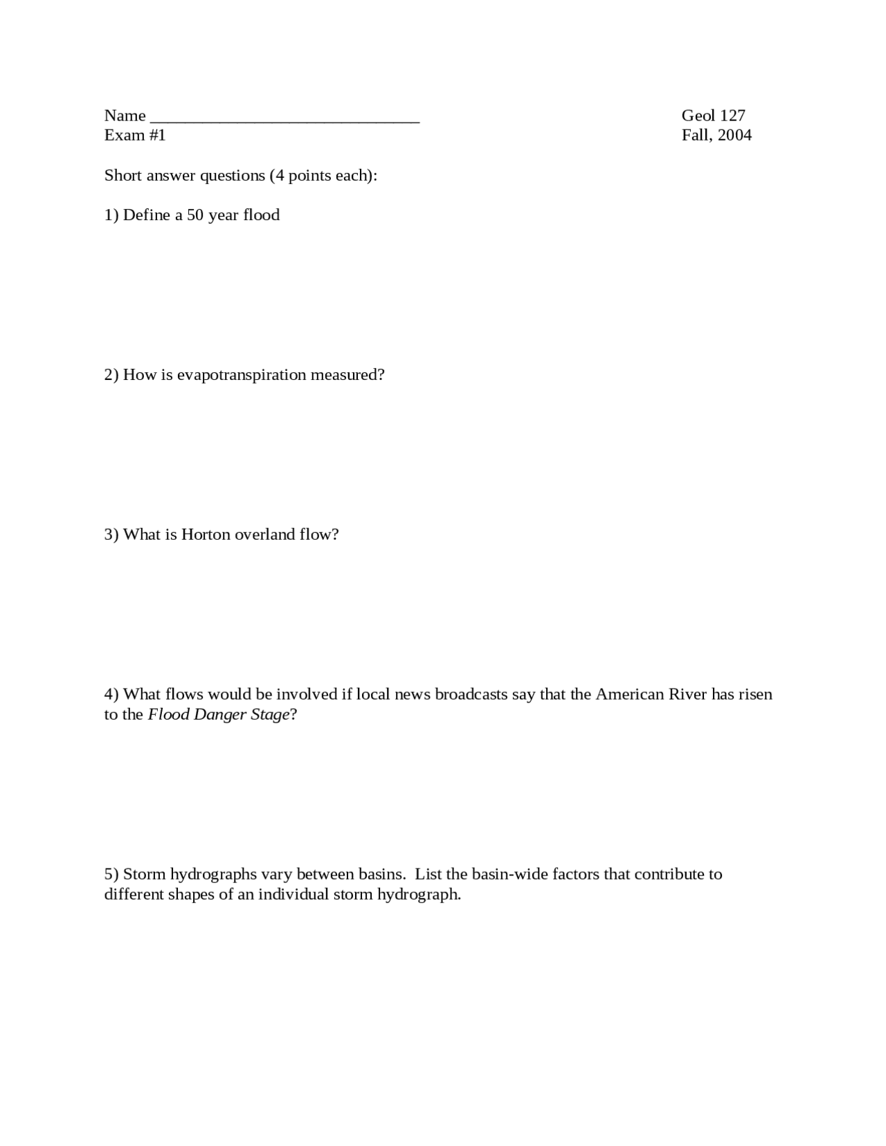 Practice Questions For Old Exam 1 Hydrogeology Geol 127 Docsity