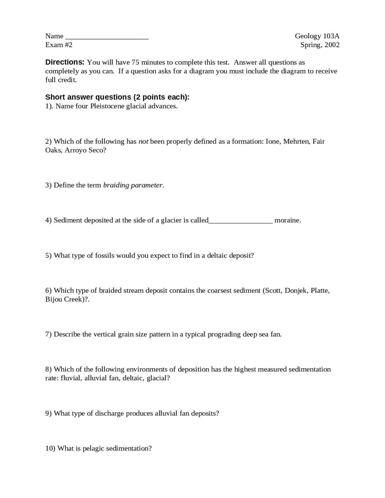 Exam 2 Sedimentology And Stratigraphy Spring 2002 Geol 103a Docsity