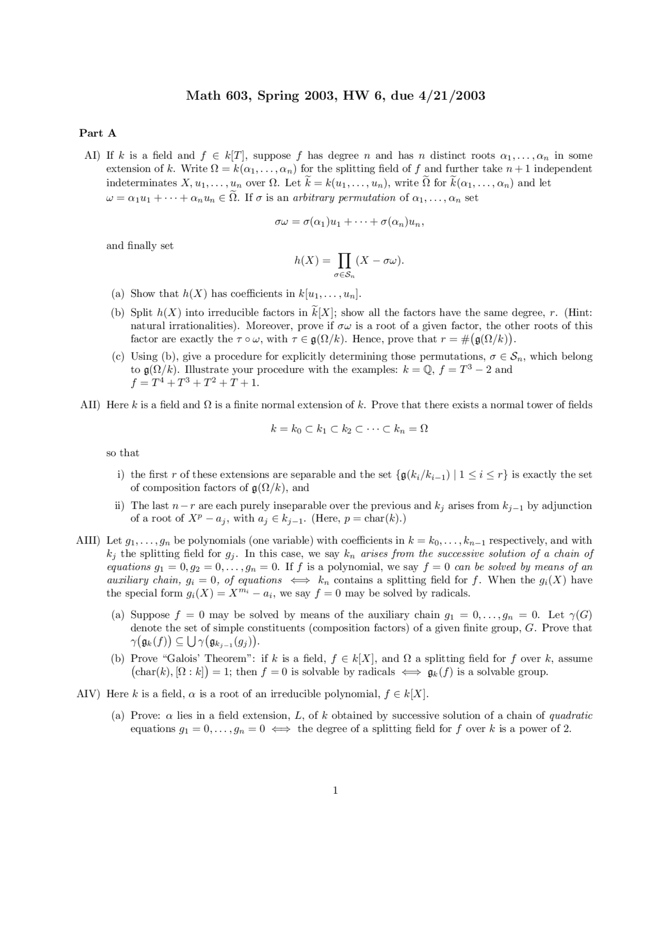 9 Questions On Algebra Assignment Math 603 Docsity