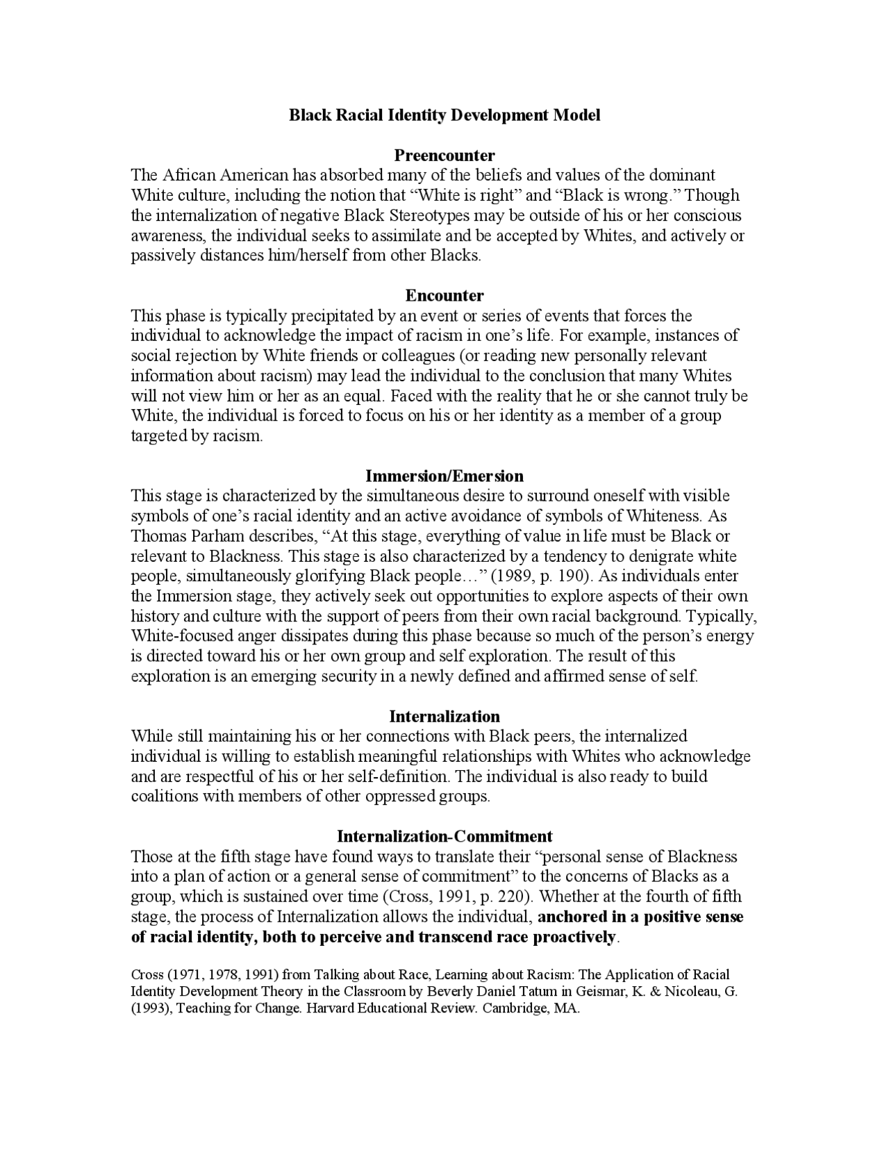 Black Racial Identity Development Model | EDC 171 - Docsity