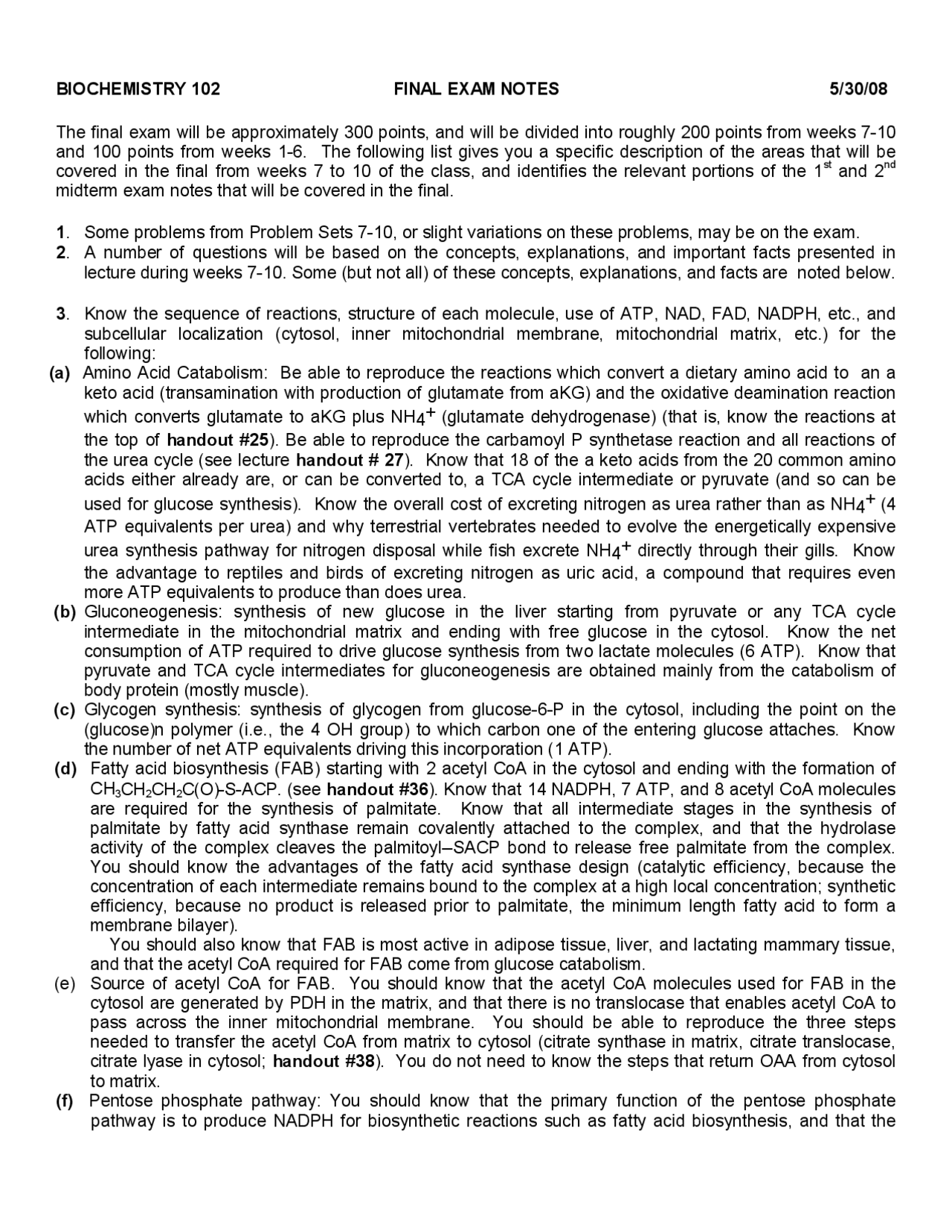 Final Exam Review Notes Metabolic Biochemistry Bibc 102 Docsity