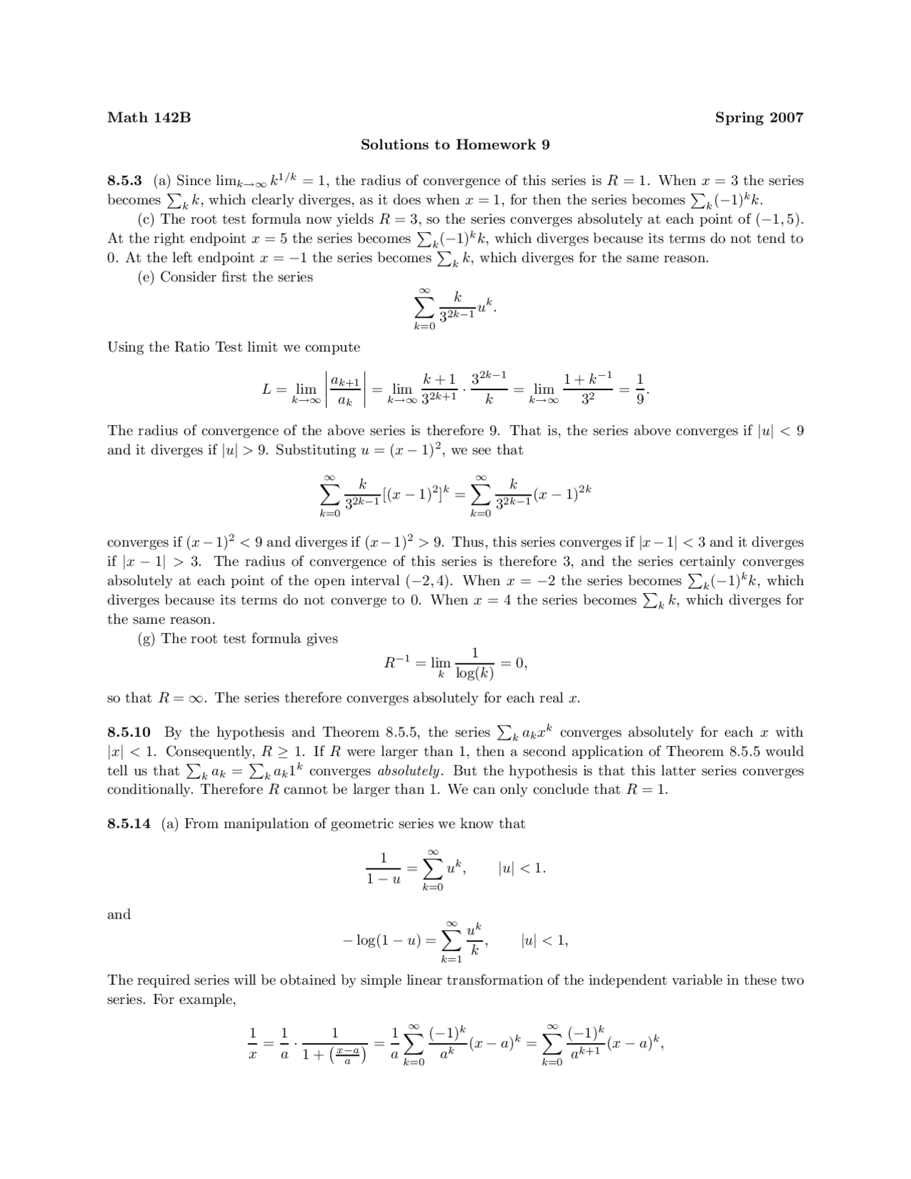 Introduction To Analysis Ii Homework 9 Solutions Math 142b Docsity