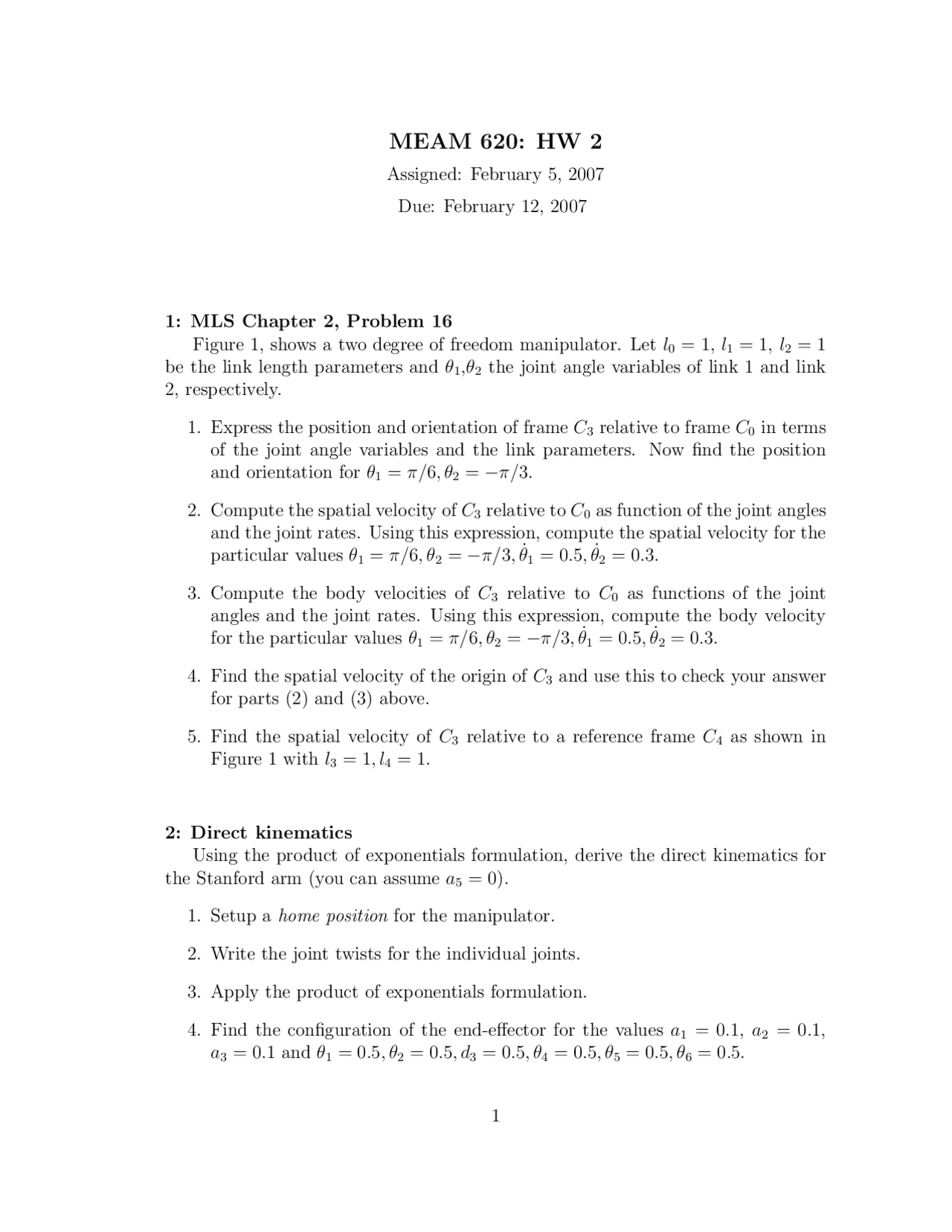 Solved Problems On Direct Kinematics Assignment 2 Meam 620