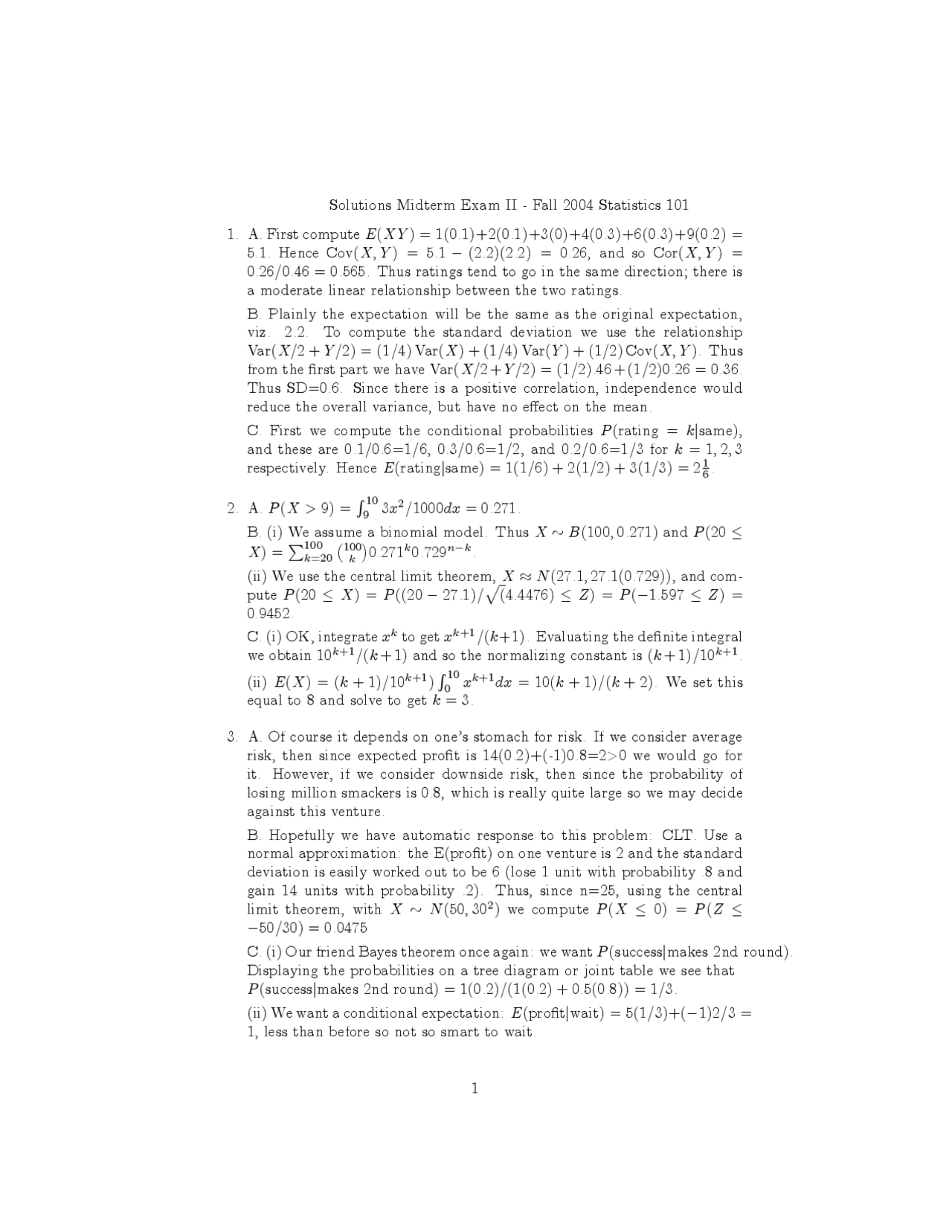 5 Solved Questions On The Statistics Midterm Exam Ll Stat 101 Docsity