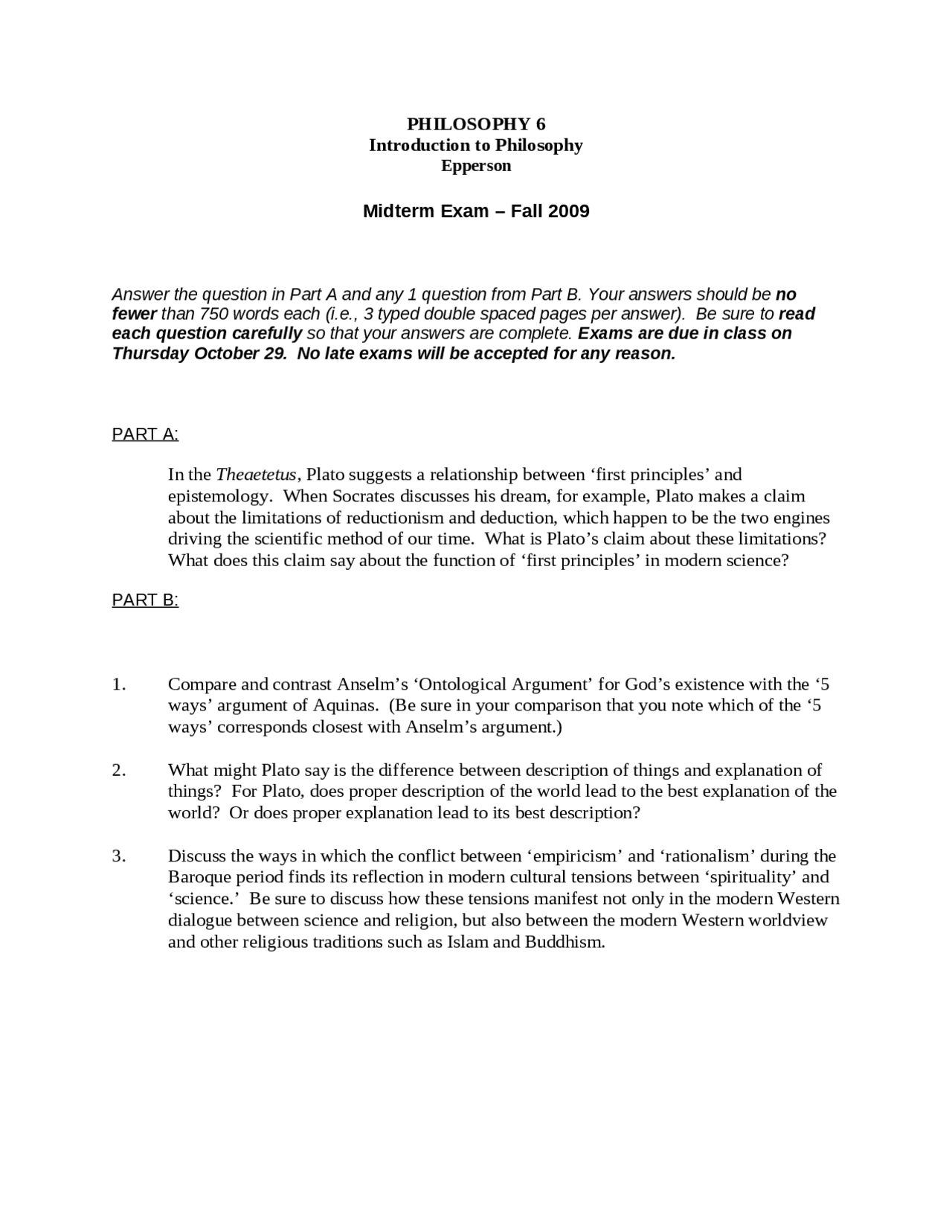 Questions On Introduction To Philosophy Midterm Exam Phil 006 Docsity