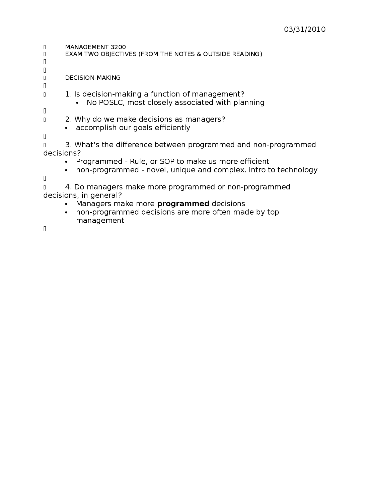 Principles Of Management Test Ii Review Mgt 3200 Docsity