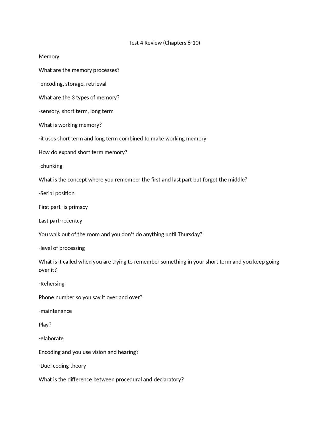 Memory - Test 4 Review Sheet - Introductory Psychology I | PSY - Docsity