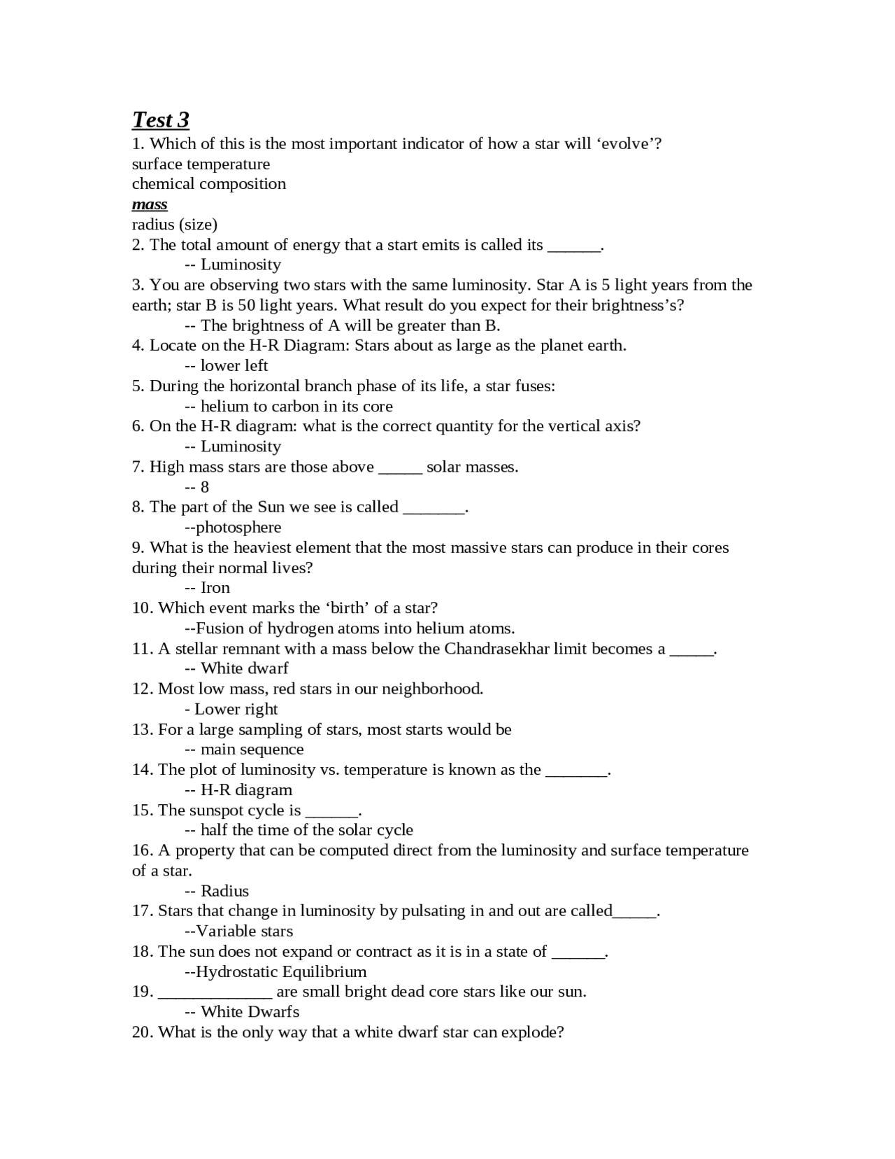Descriptive Astronomy Fill In The Blank Test Questions With Answers