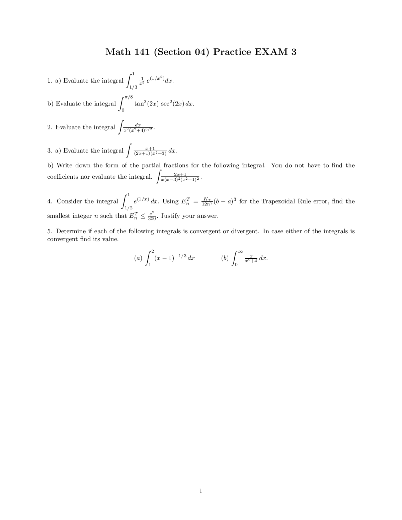 Calculus Ii Practice Exam 3 Unsolved Questions Math 141 Docsity