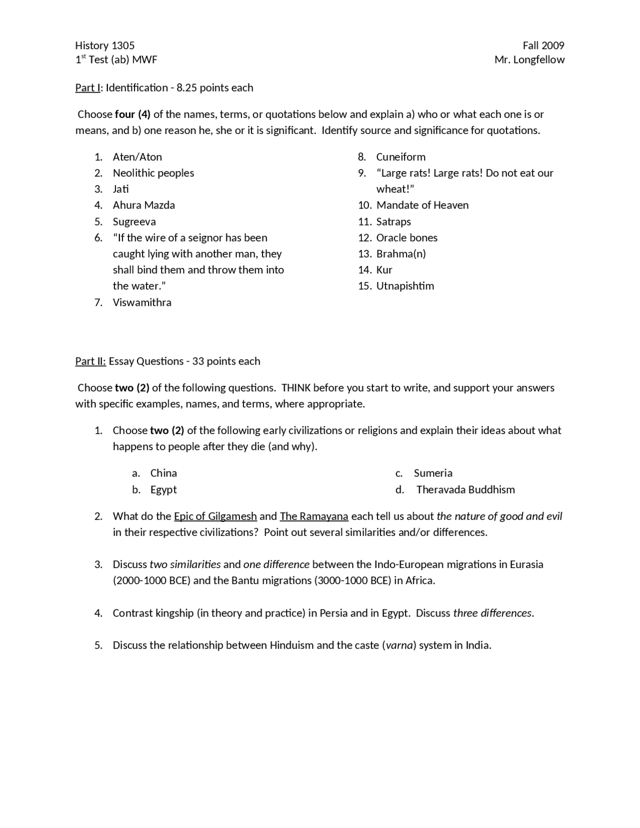 Exam I Study Questions - World History to 1500 | HIS 1305 - Docsity